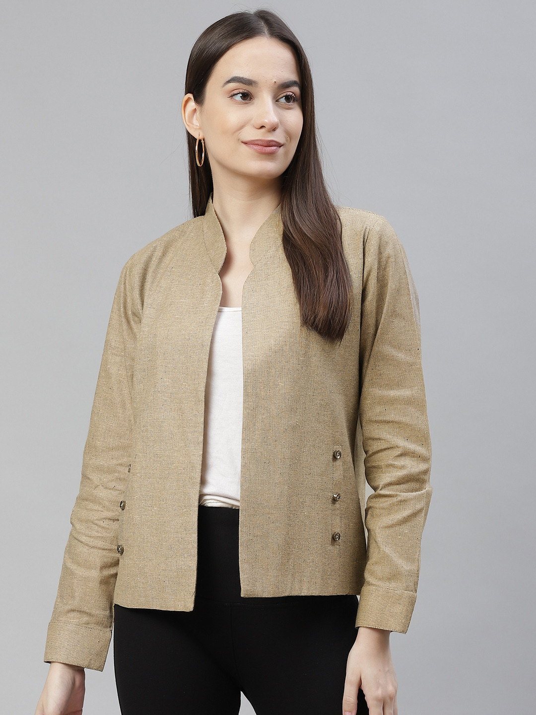 Buy Cottinfab Women Beige Lightweight Open Front Jacket - Jackets for ...