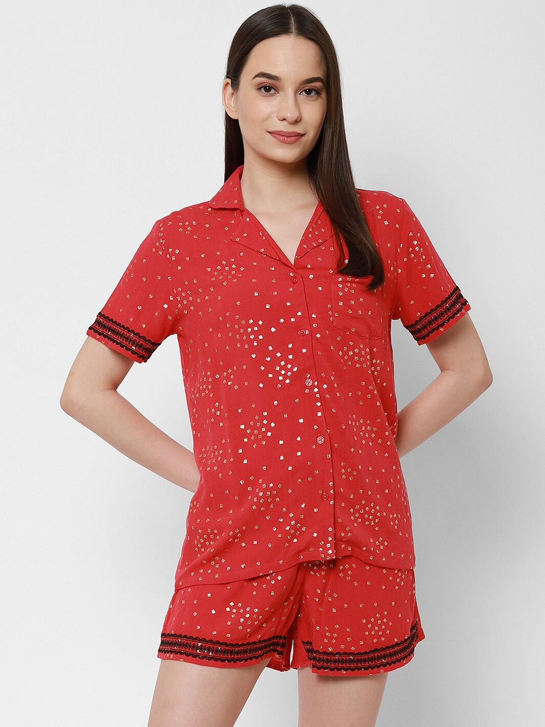 Buy HOUSE OF KKARMA Women Red & Gold Toned Printed Night Suit - Night ...