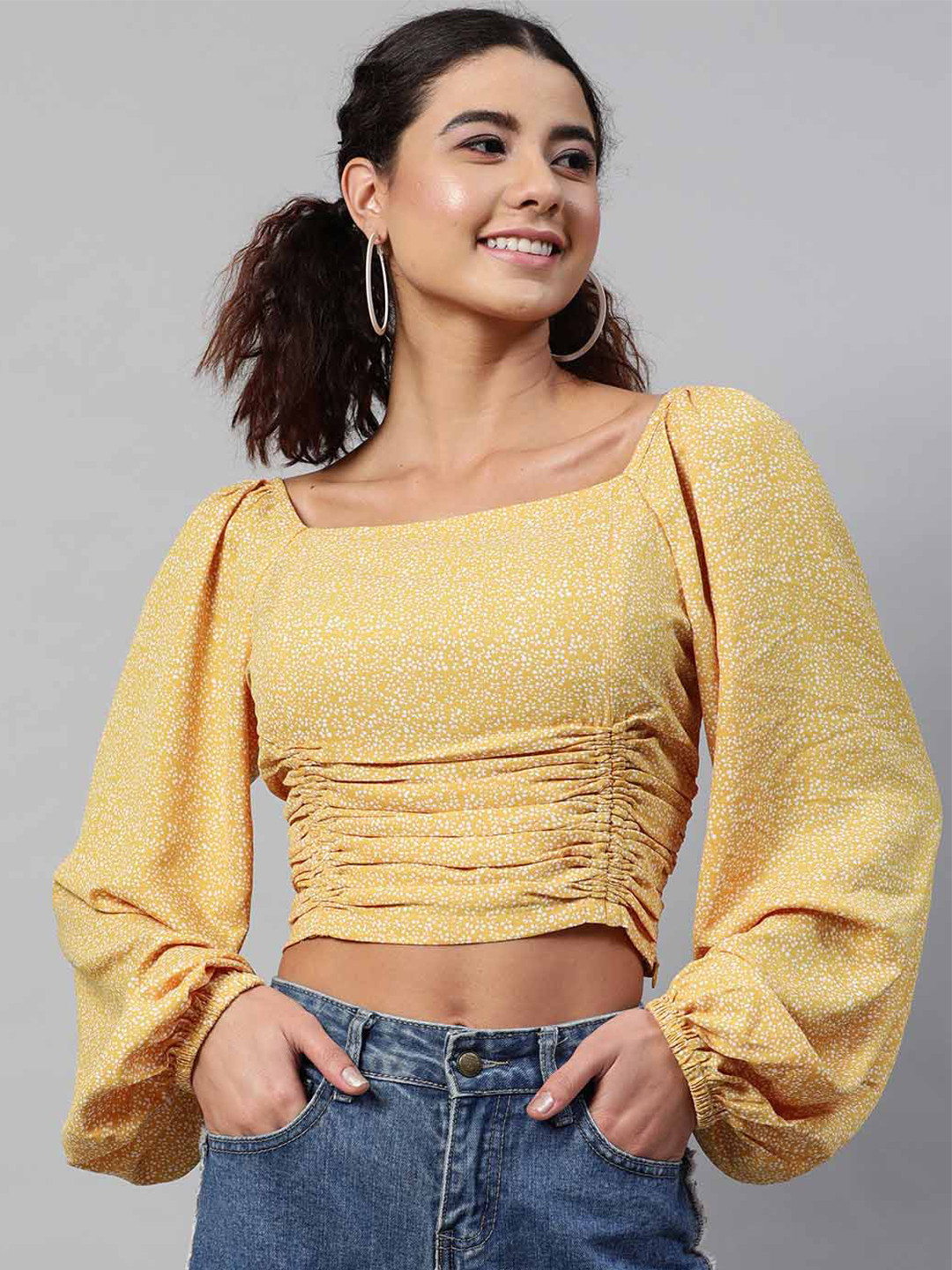 Buy STREET 9 Women Yellow & White Floral Fringed Georgette Regular Crop ...