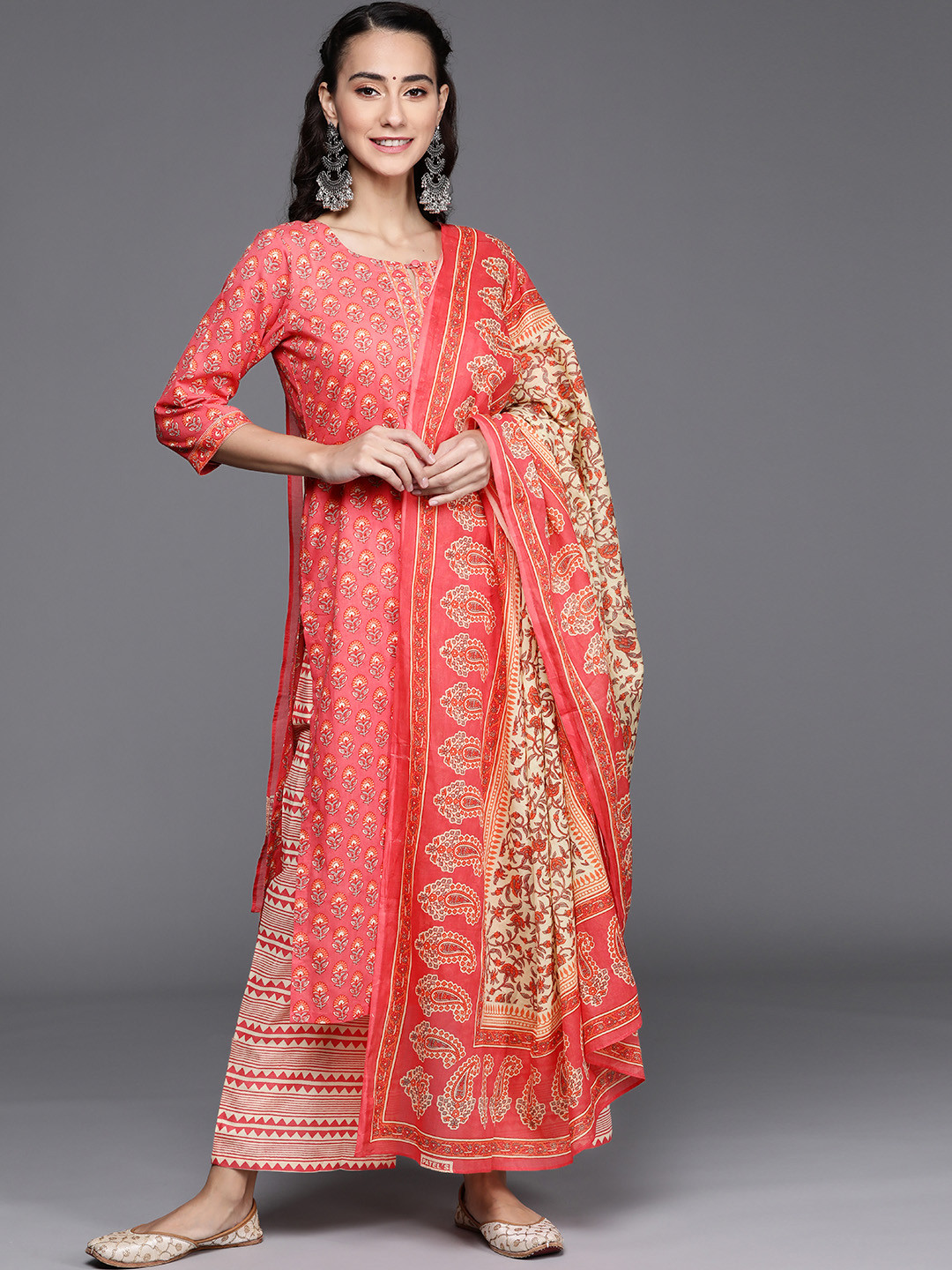 Buy Libas Women Pink & Beige Floral Print Straight Cotton Kurta With ...