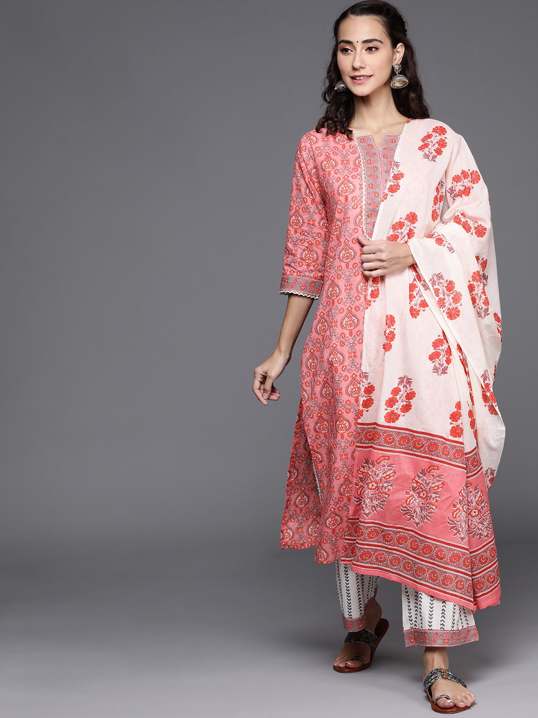 Buy Libas Women Pink And White Ethnic Motifs Print Cotton Straight Kurta