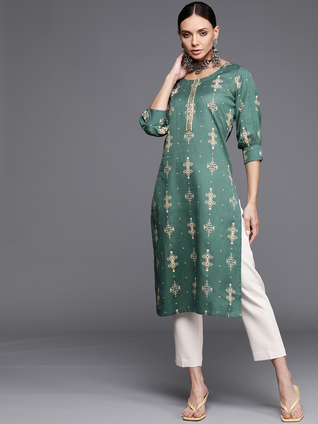 Buy Libas Women Green And Beige Ethnic Motifs Printed Straight Pastels