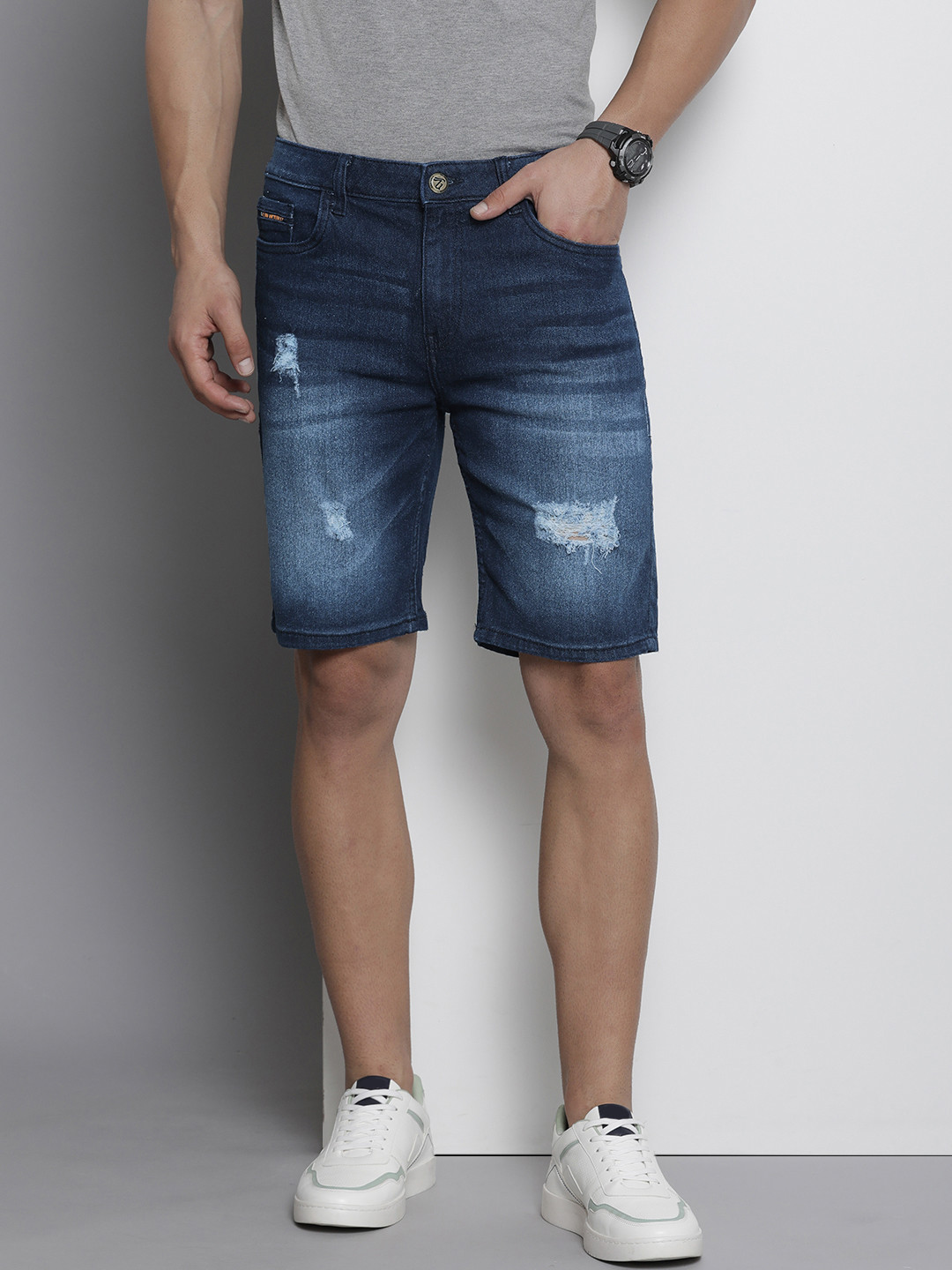 Buy The Indian Garage Co Men Distressed Slim Fit Denim Shorts - Shorts ...