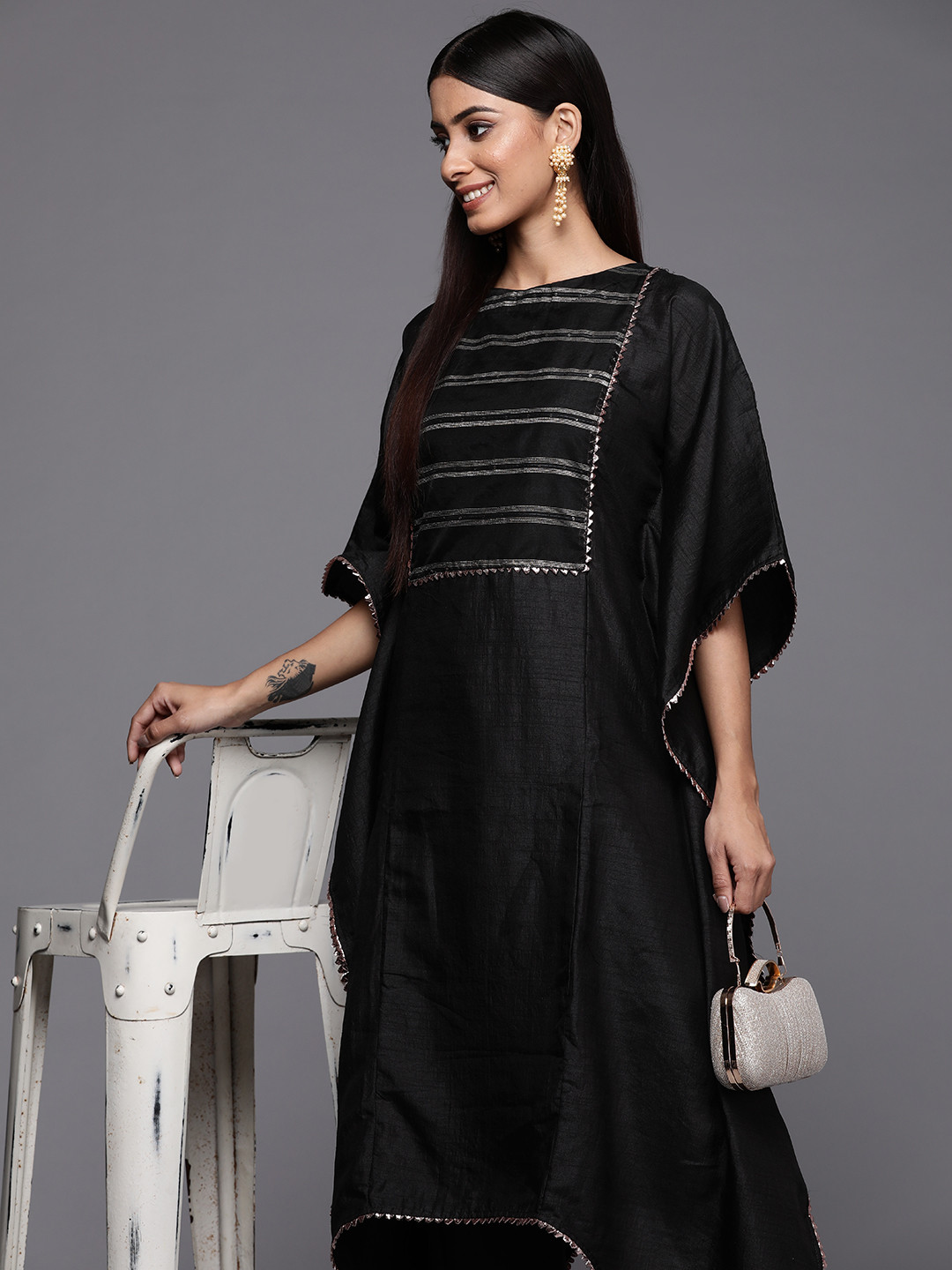 Buy Indo Era Women Black Kaftan Kurta With Trousers - Kurta Sets for ...