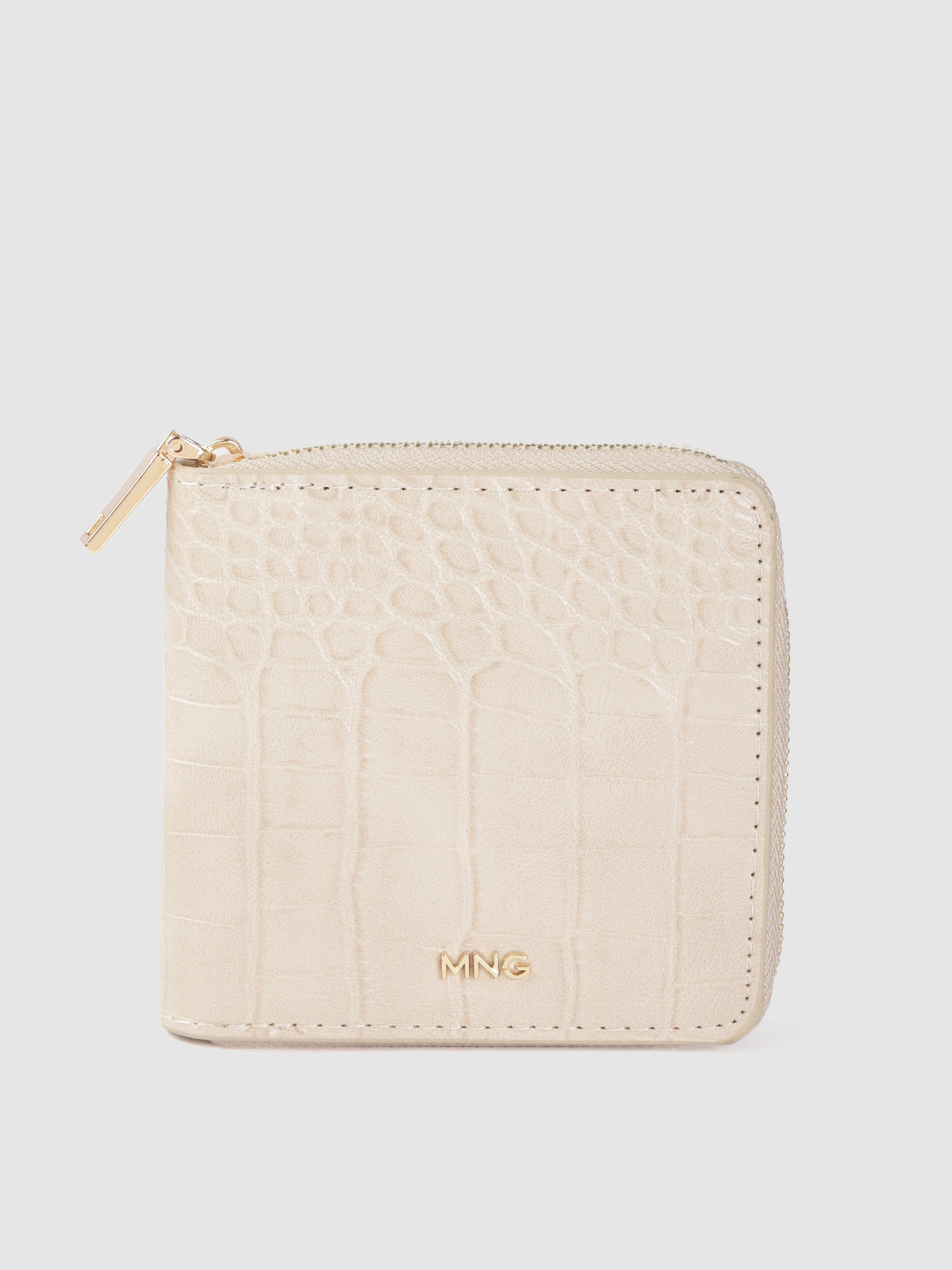 Buy MANGO Women Cream Coloured Croc Textured Zip Around Wallet ...
