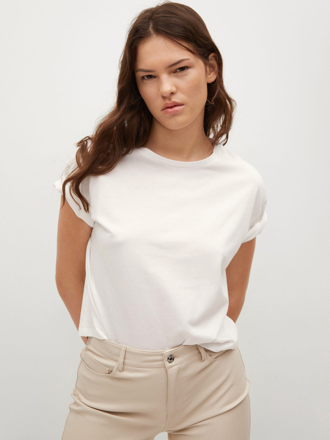 Buy MANGO Women White Cotton Boxy Fit Extended Sleeves T Shirt ...