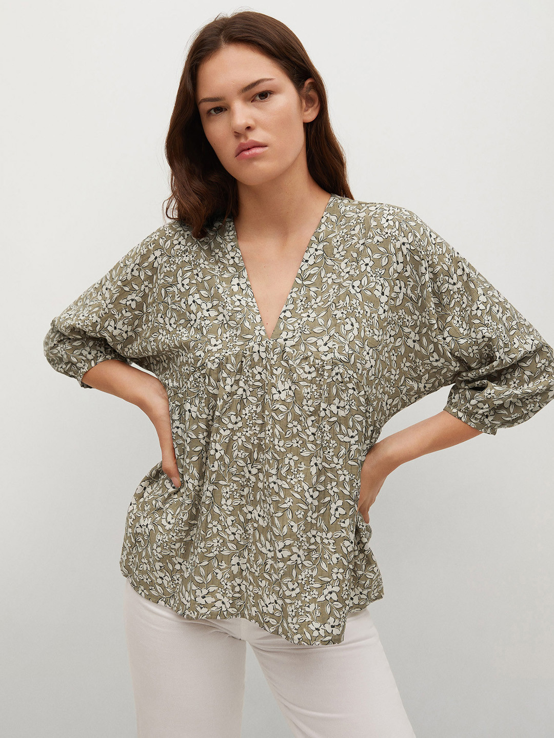 Buy MANGO Olive Brown & White Floral Print A Line Top - Tops for Women ...