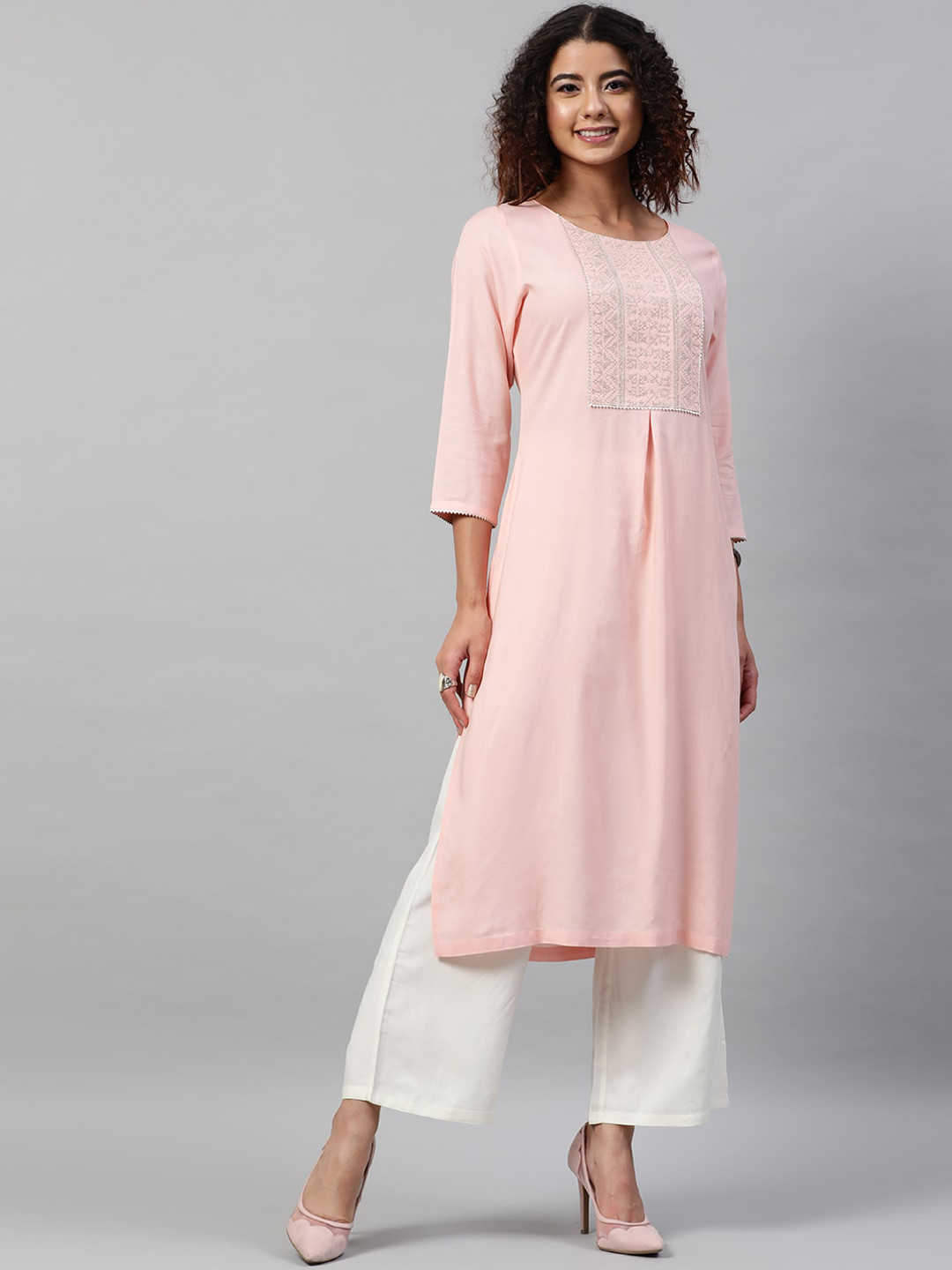 Buy STREET 9 Women Pink Floral Embroidered Regular Kurti With Palazzos ...