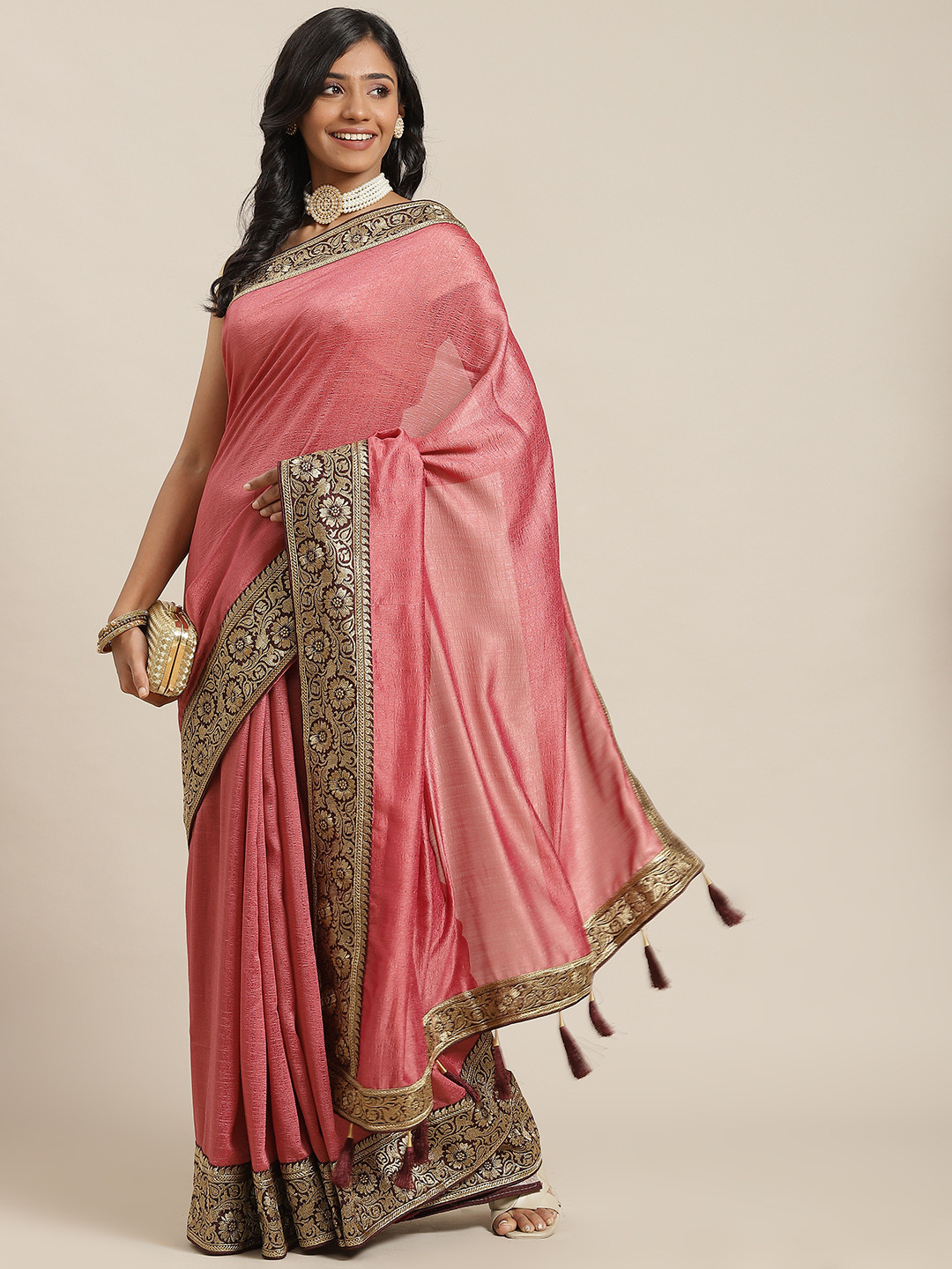 Buy Libas Pink Silk Blend Saree With Tasseled Pallu - Sarees for Women ...