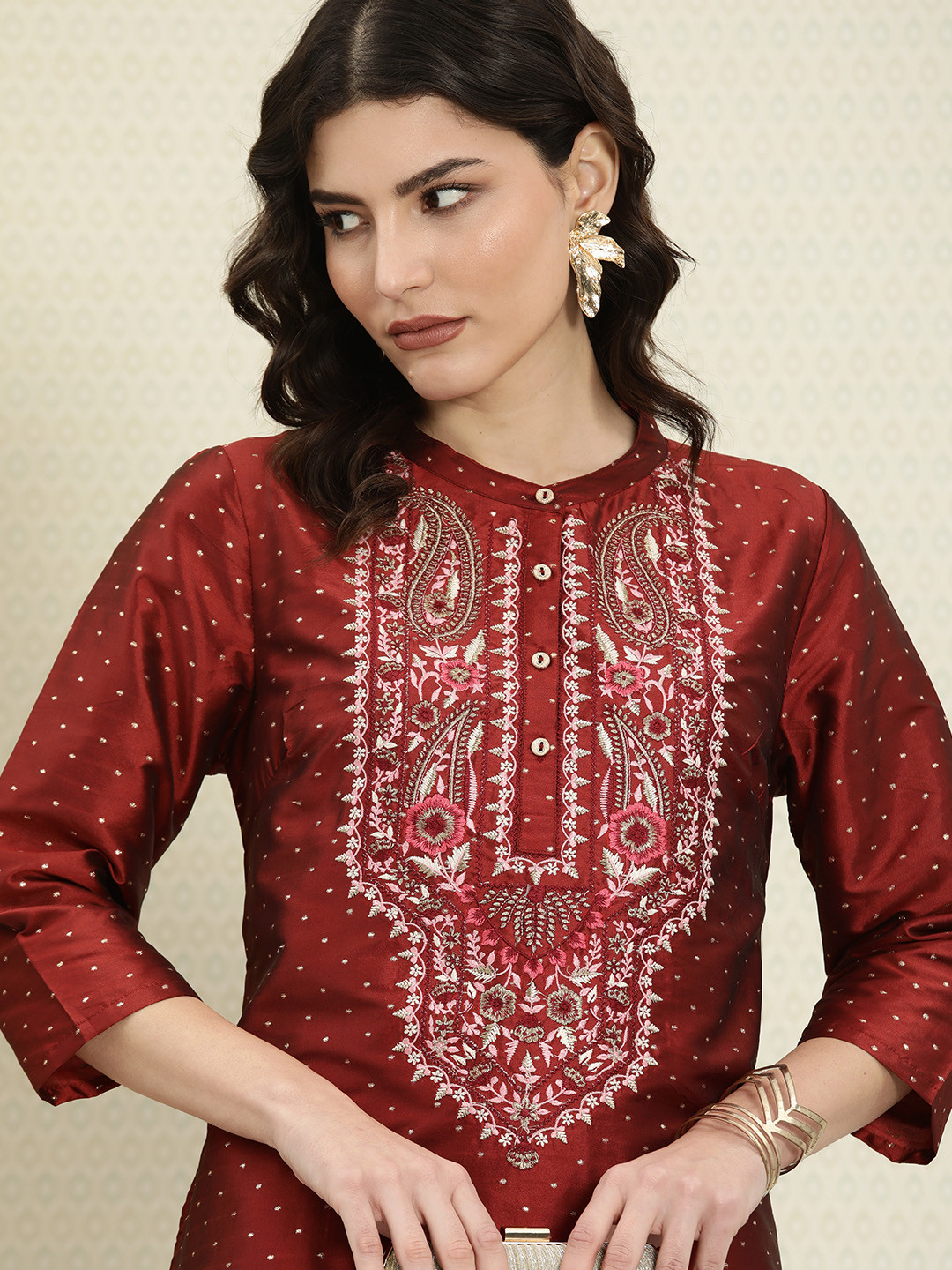 Buy House Of Pataudi Women Maroon Ethnic Motifs Embroidered Jashn Kurta ...