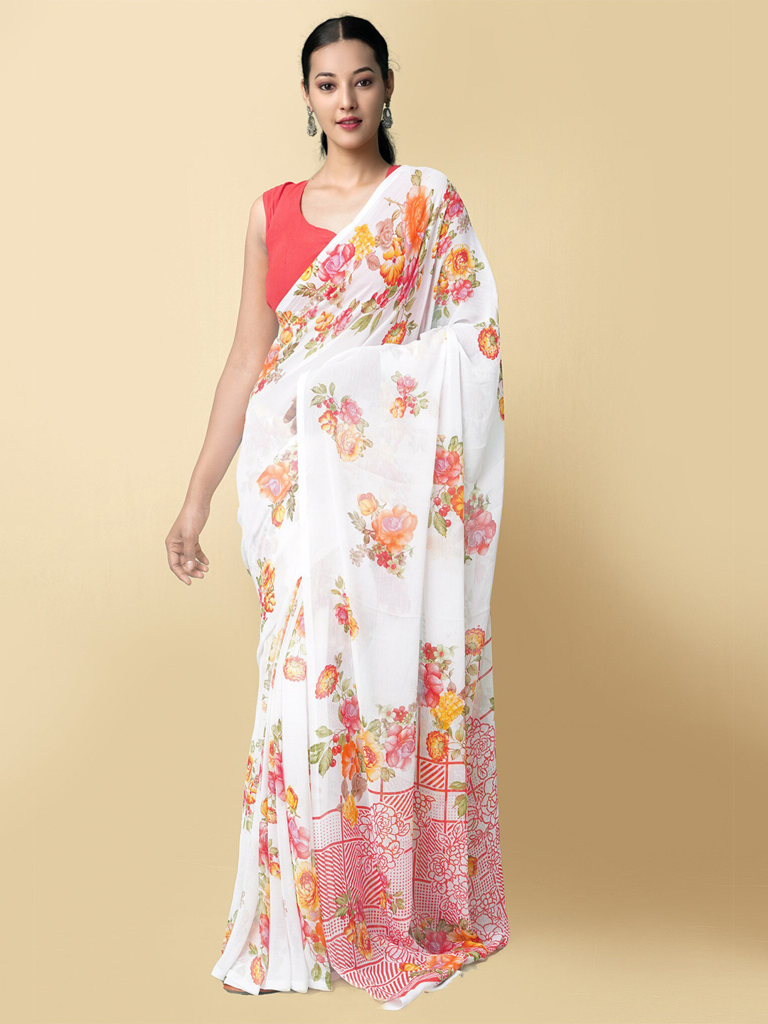 Buy Unnati Silks Cream Coloured & Orange Floral Bhagalpuri Saree ...