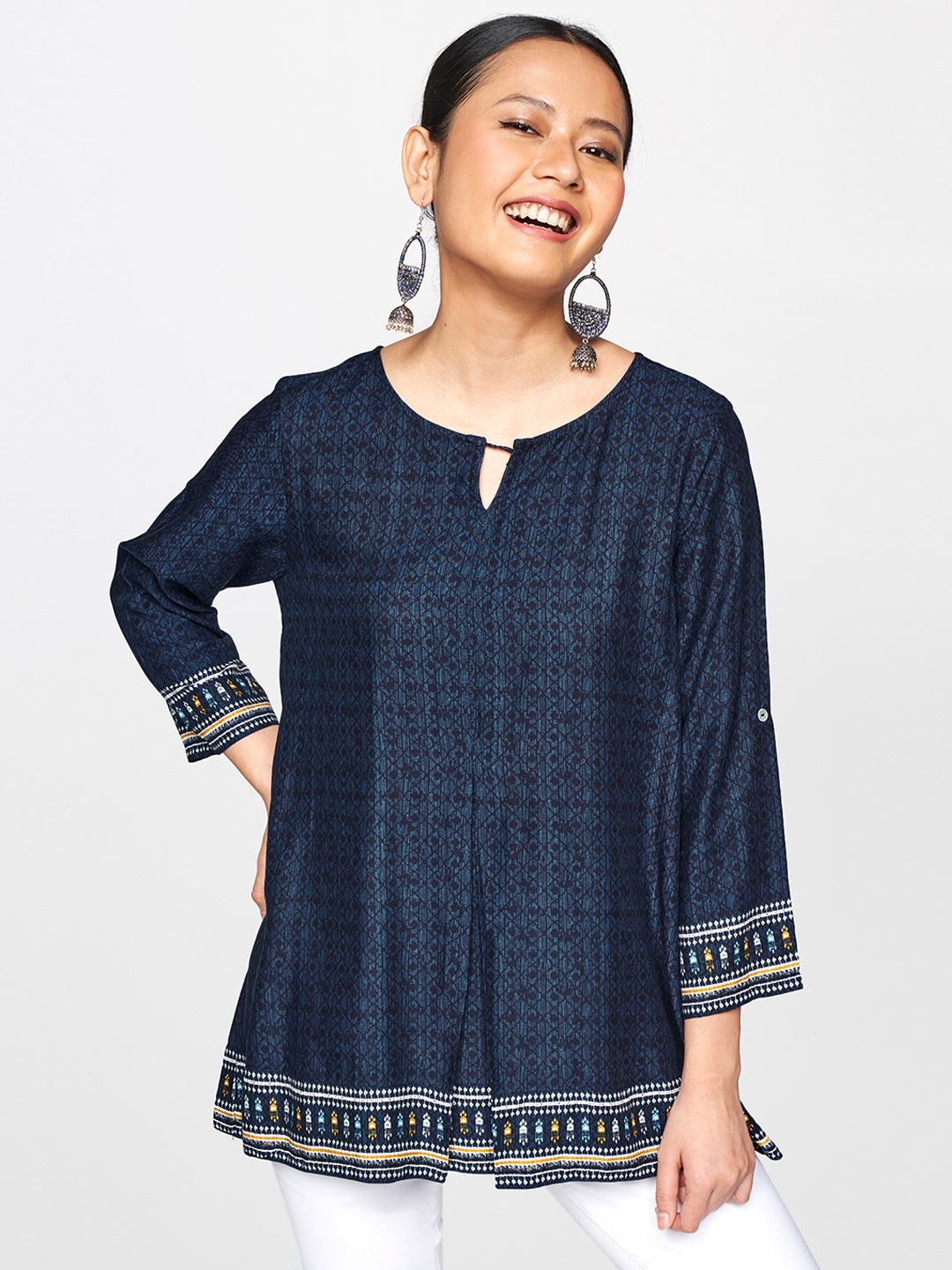 Buy Global Desi Blue And White Print Keyhole Neck Top Tops For Women