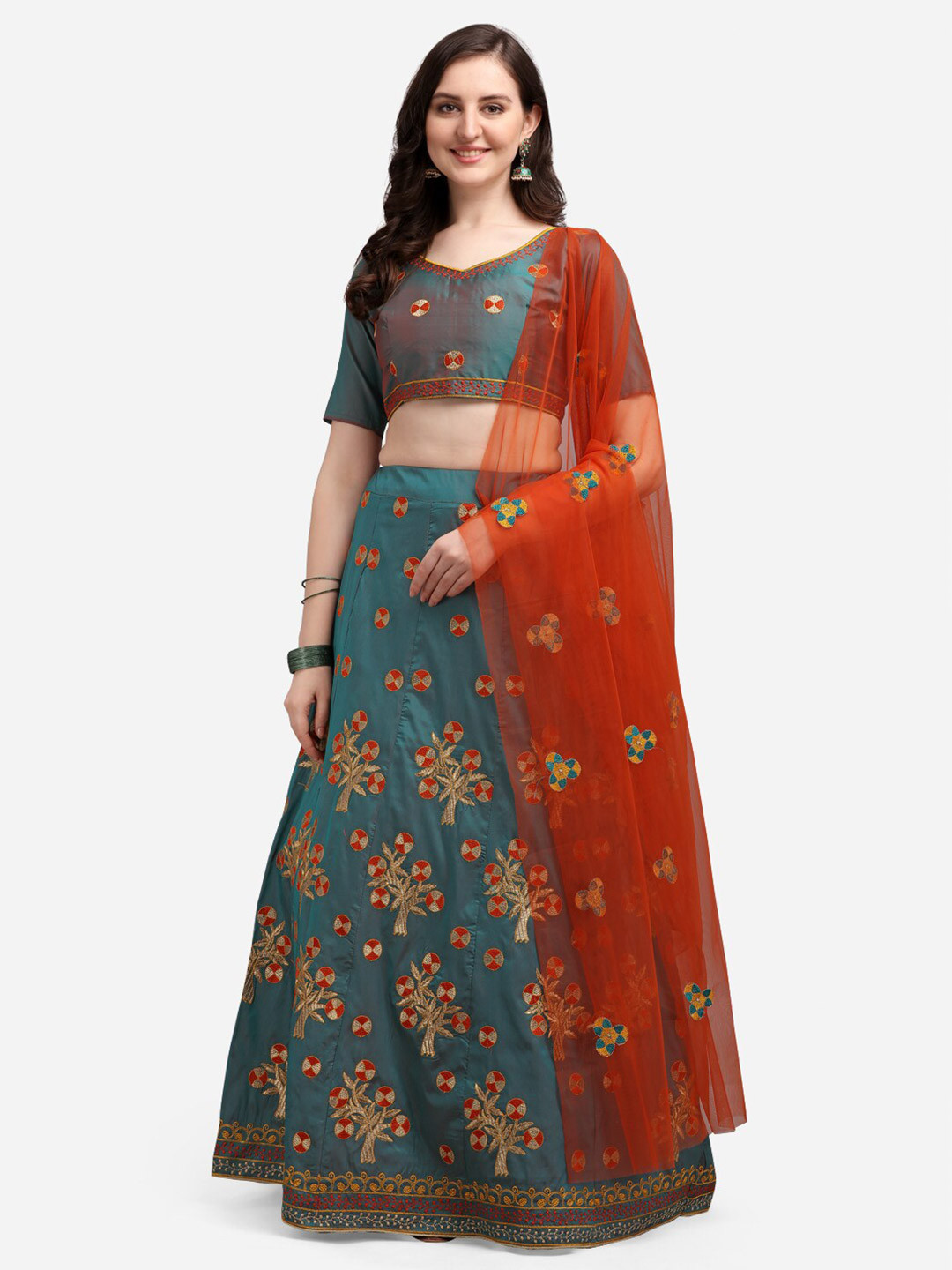 Buy Satrani Teal Green & Red Embroidered Semi Stitched Lehenga ...