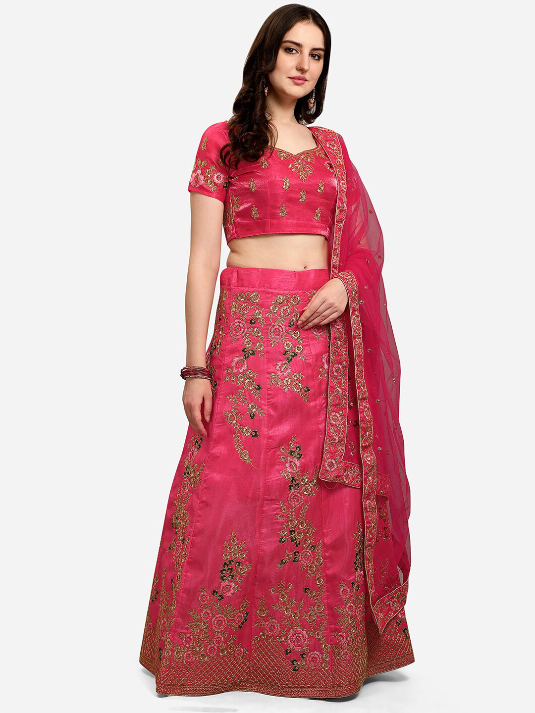 Buy Satrani Pink & Gold Toned Embroidered Semi Stitched Lehenga ...
