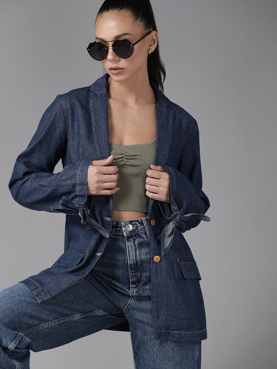 Buy Roadster Women Navy Blue Solid Longline Denim Jacket - Jackets for ...