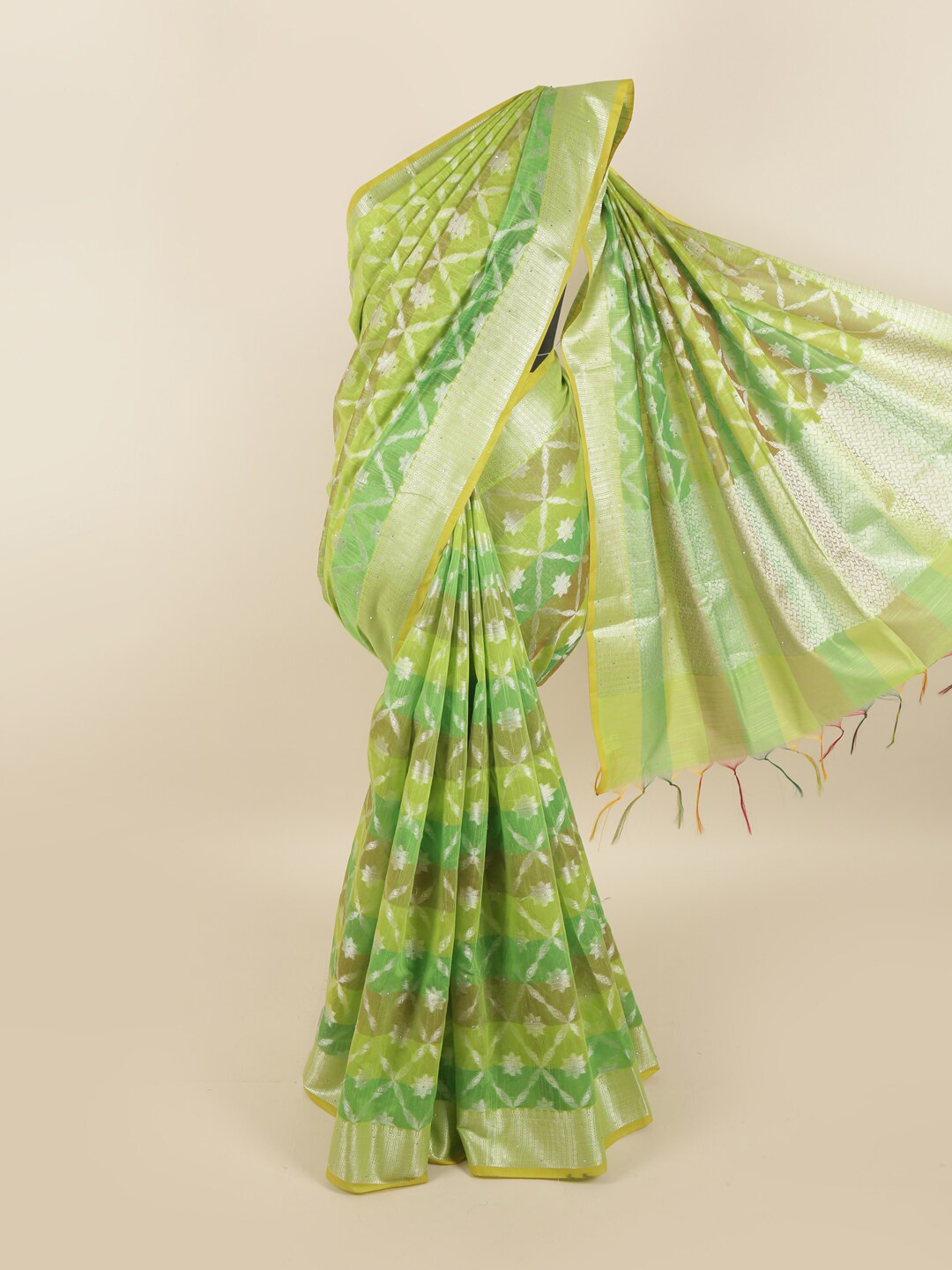 Buy Pothys Green & Silver Toned Ethnic Motifs Zari Saree - Sarees for ...