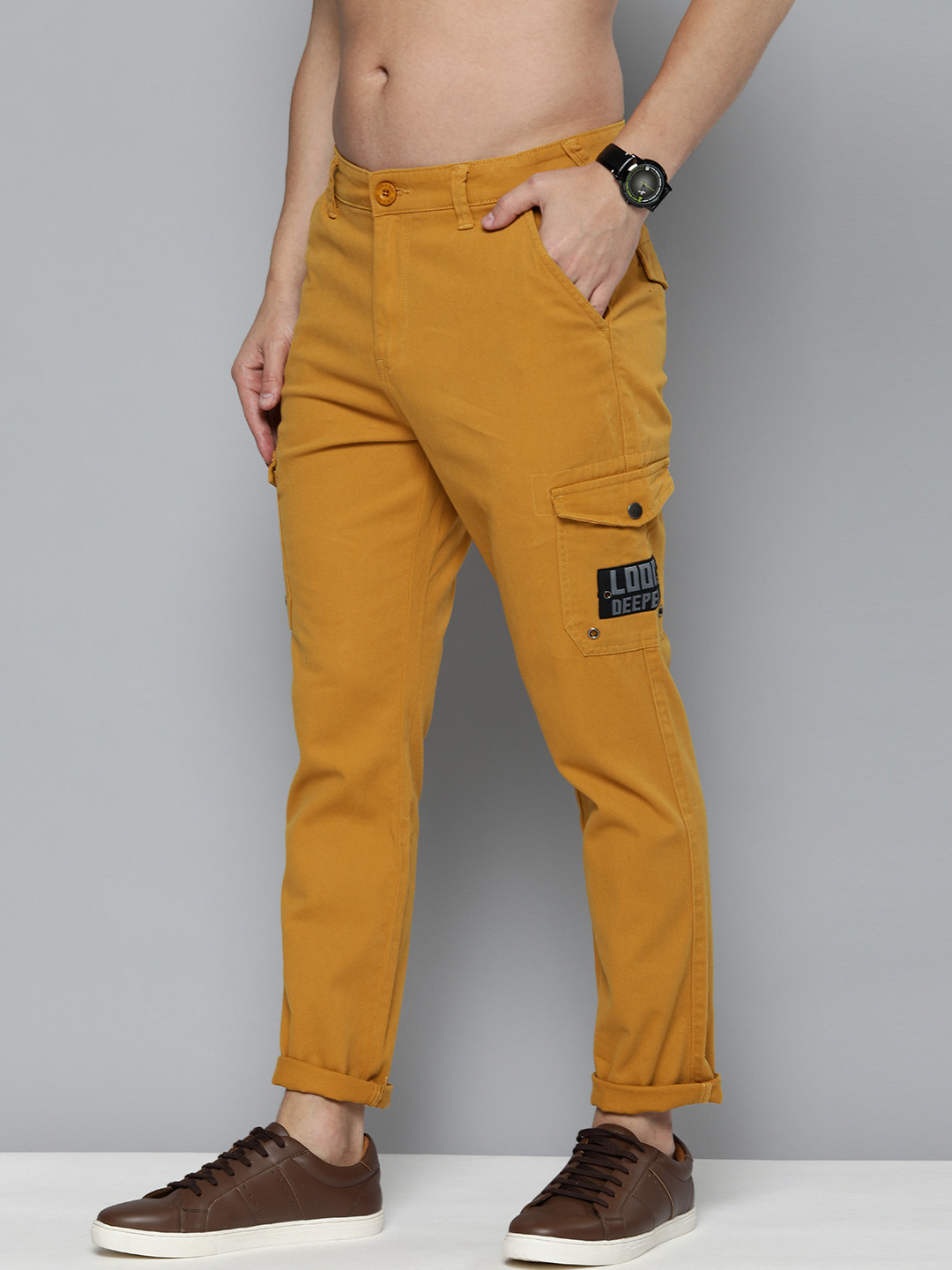 Buy HERE&NOW Men Mustard Yellow Solid Cargos Trousers - Trousers for ...