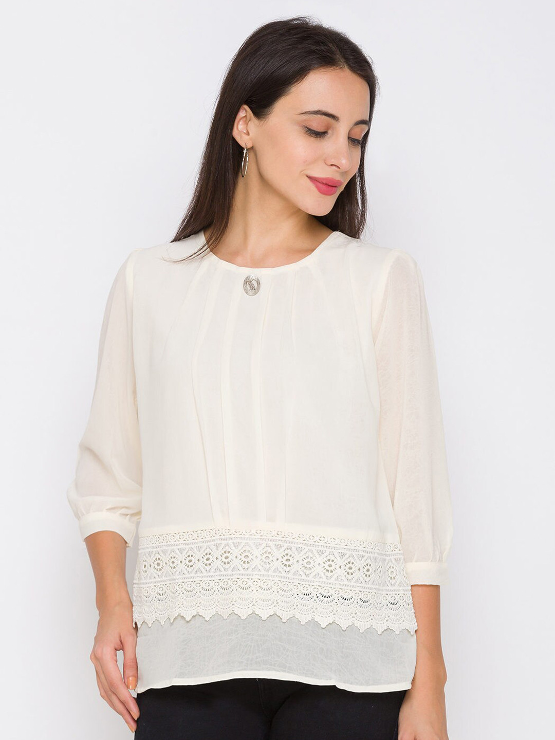 Buy ZOLA Cream Coloured Round Neck Chiffon Regular Top - Tops for Women ...