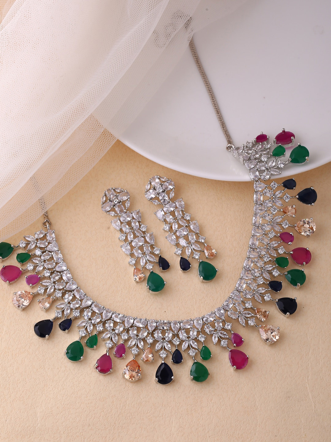 Buy Shoshaa Silver Plated White & Pink CZ Studded Handcrafted Jewellery ...