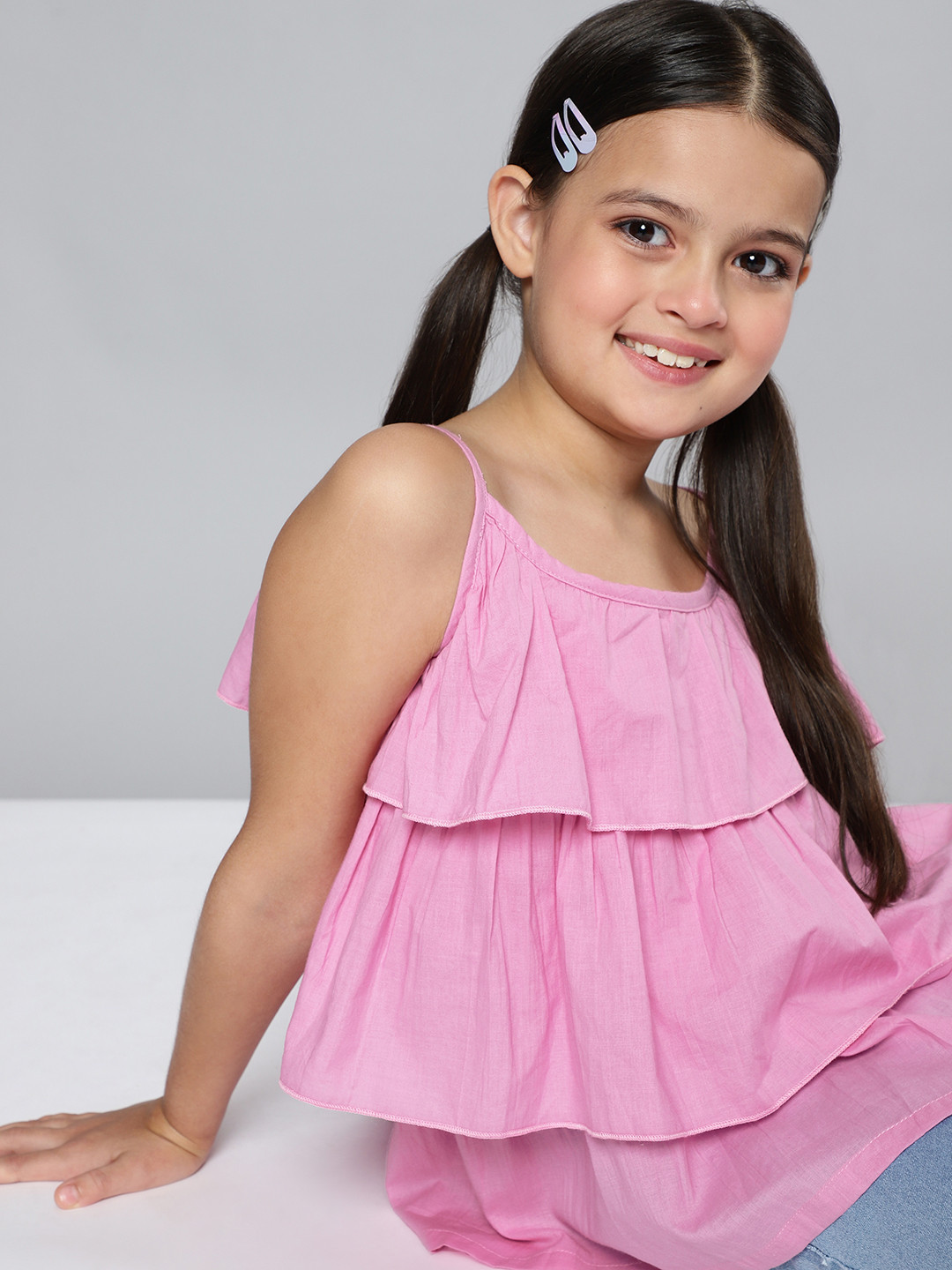 Buy HERE&NOW Girls Pink Solid Pure Cotton Layered Tiered Top - Tops for ...