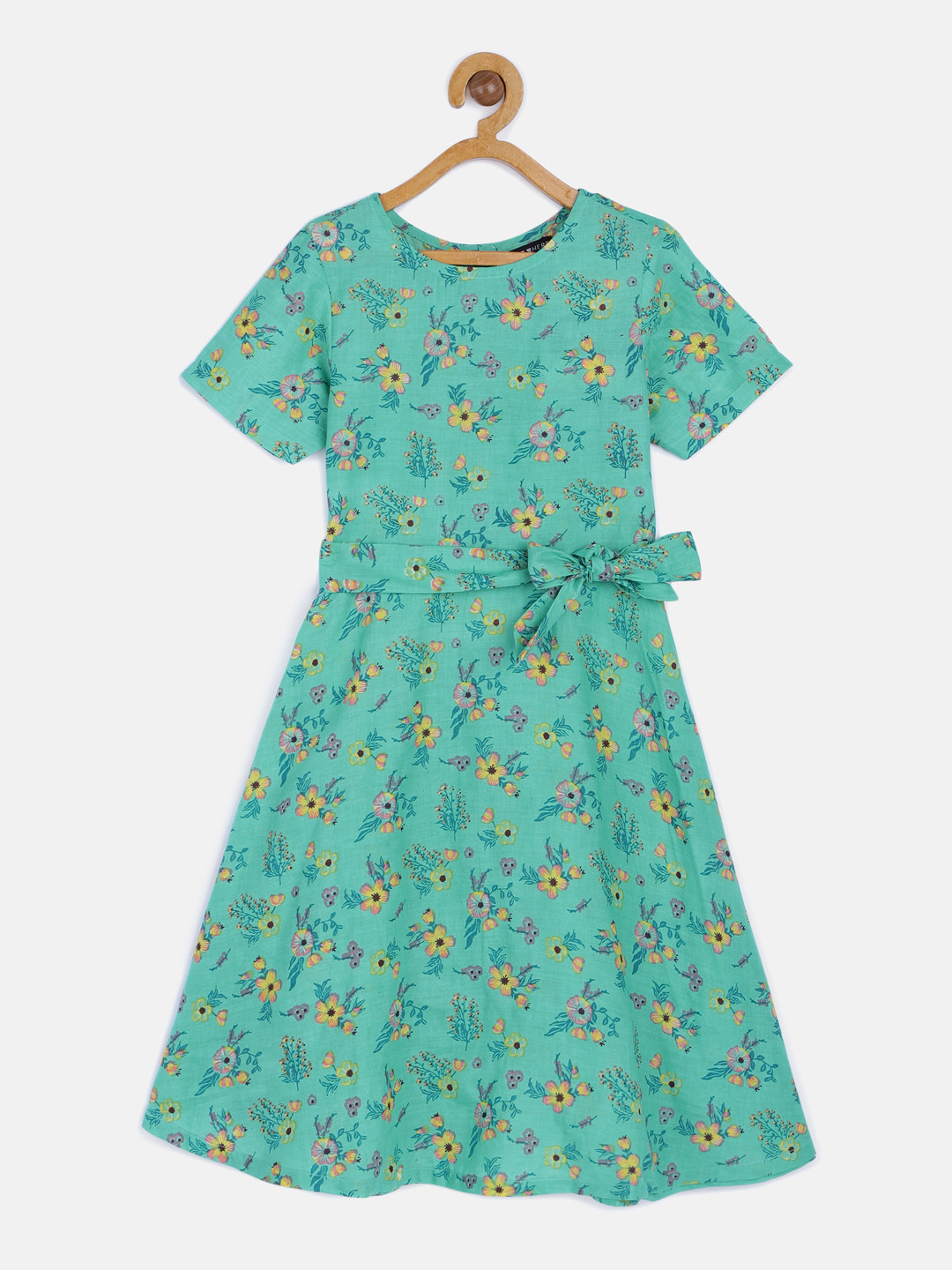 Buy HERE&NOW Girls Green Floral Printed Pure Cotton A Line Dress ...