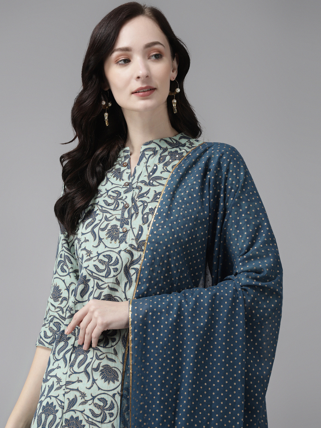 Buy Indo Era Women Sea Green Floral Printed Regular Sequinned Kurta ...