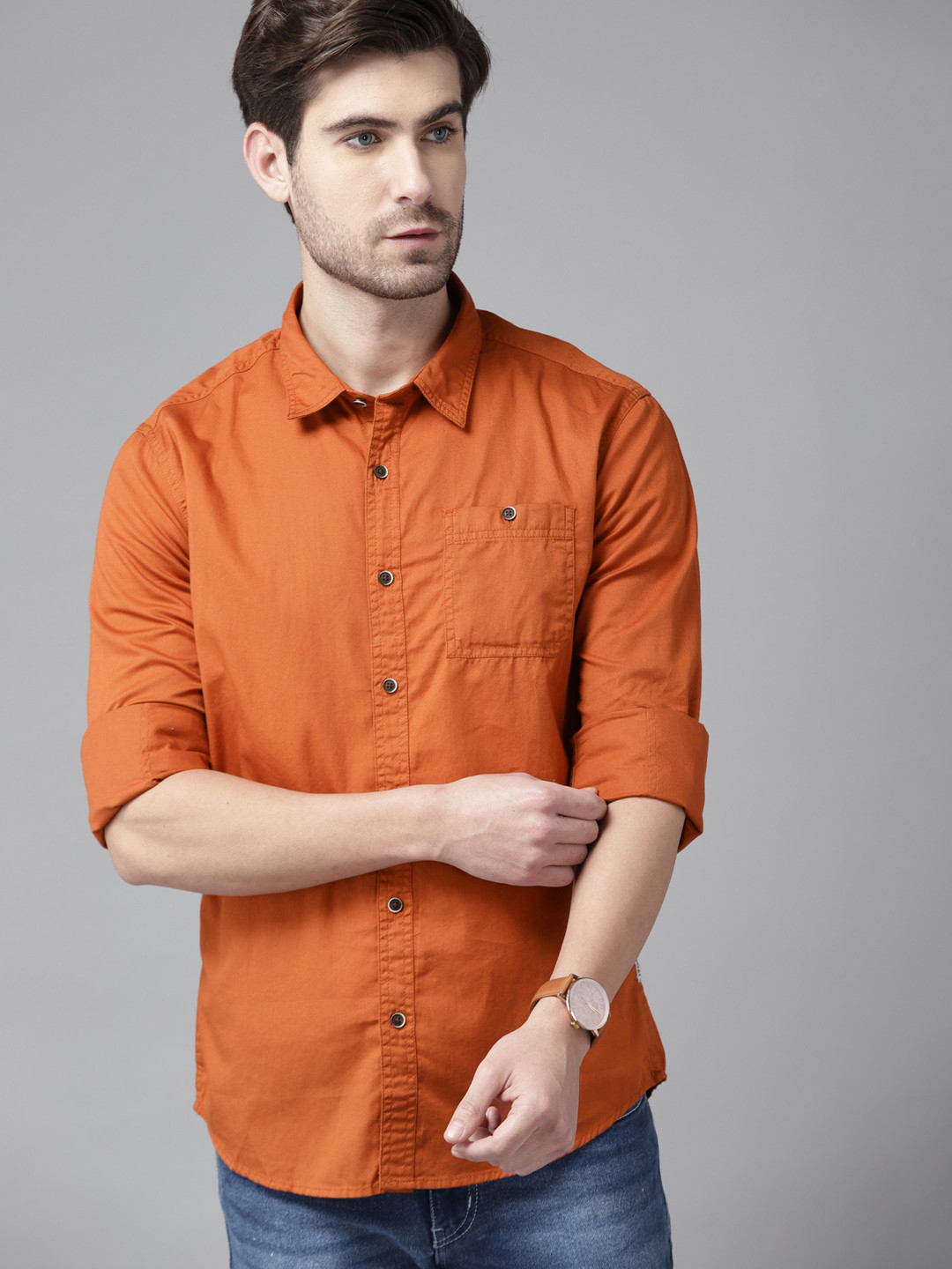 Buy BEAT LONDON By PEPE JEANS Men Rust Orange Pure Cotton Solid Slim ...