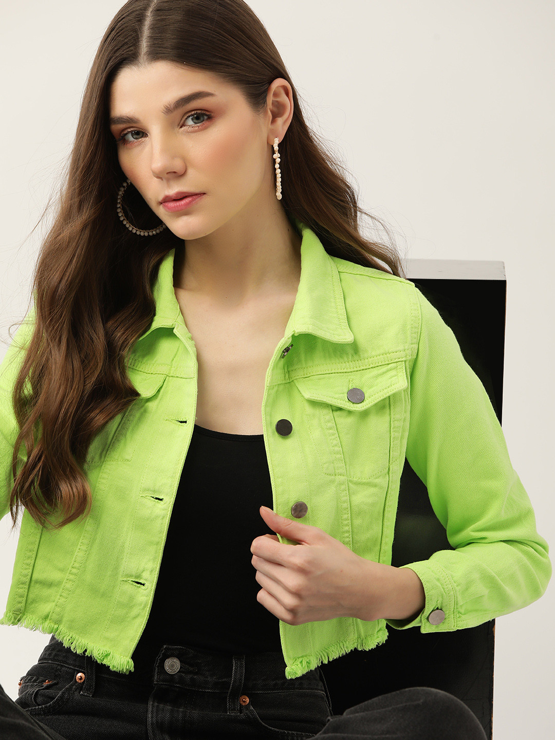 Buy DressBerry Women Green Pure Cotton Crop Denim Jacket - Jackets for ...
