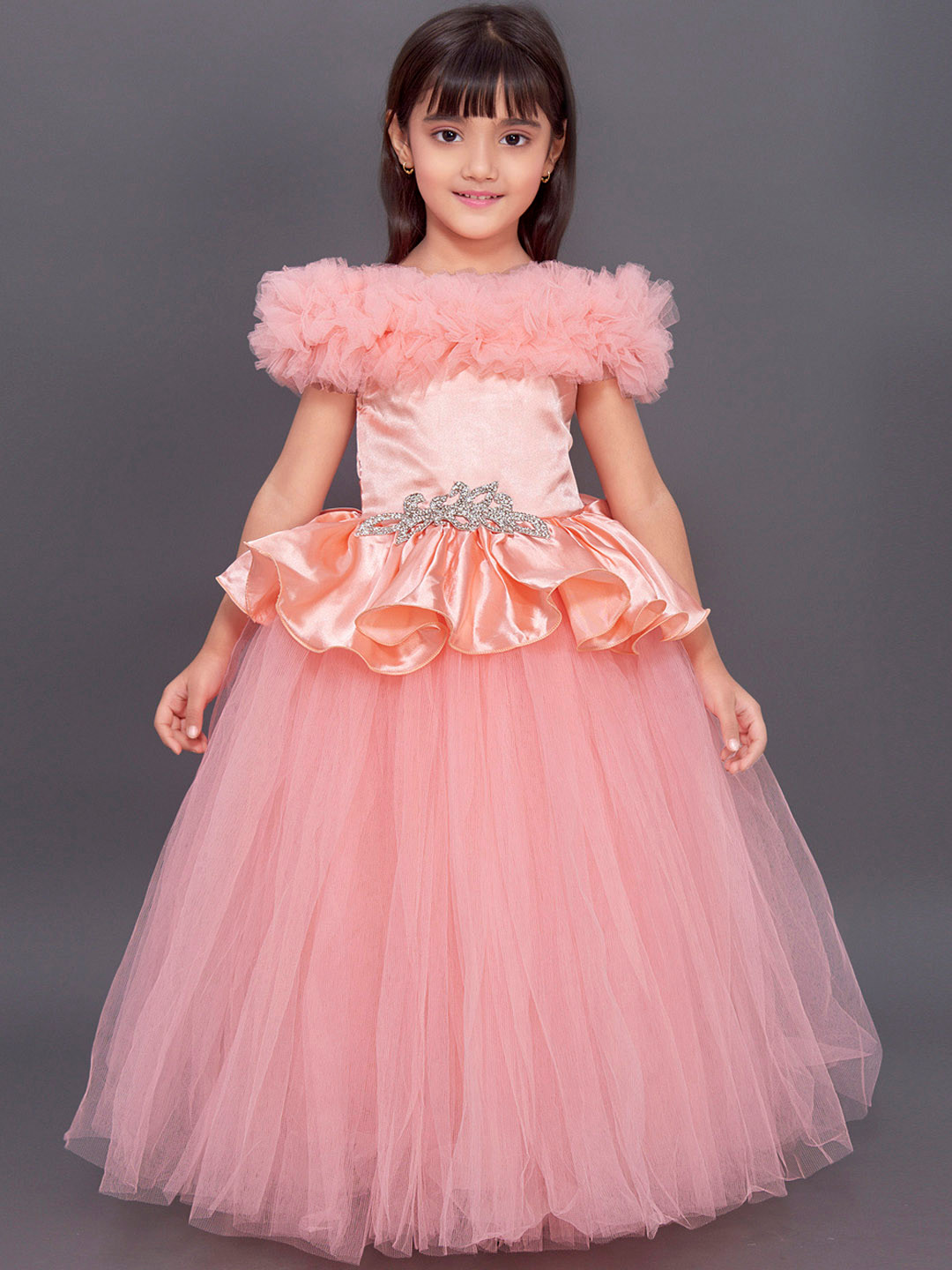 Buy Pink Chick Peach Coloured Ruffled Embellished Satin Dress - Dresses ...