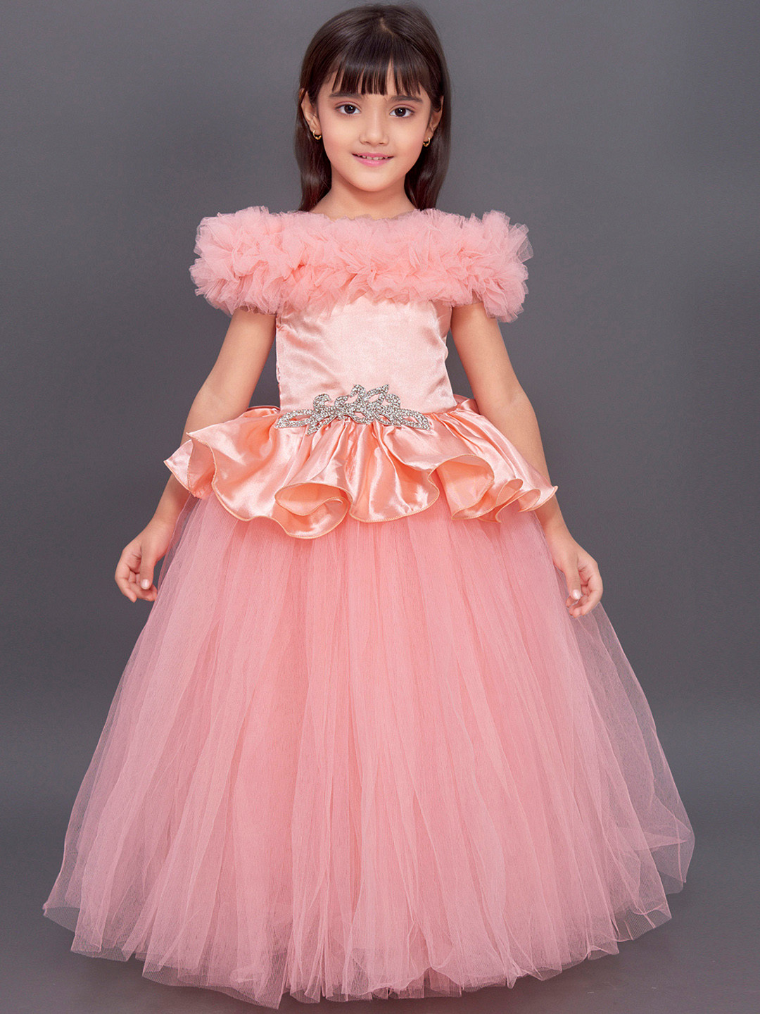 Buy Pink Chick Girls Peach Coloured & Pink Satin Peplum Dress - Dresses ...