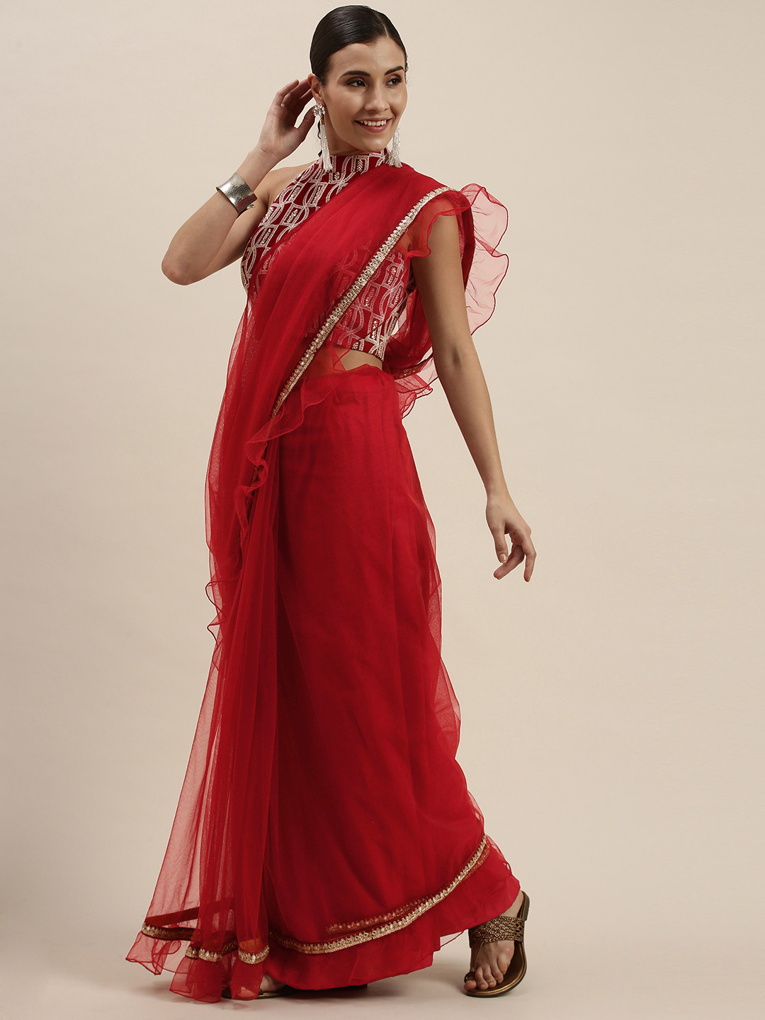 Buy Ethnovog Maroon Sequinned Net Ruffle Saree With Stitched Blouse ...
