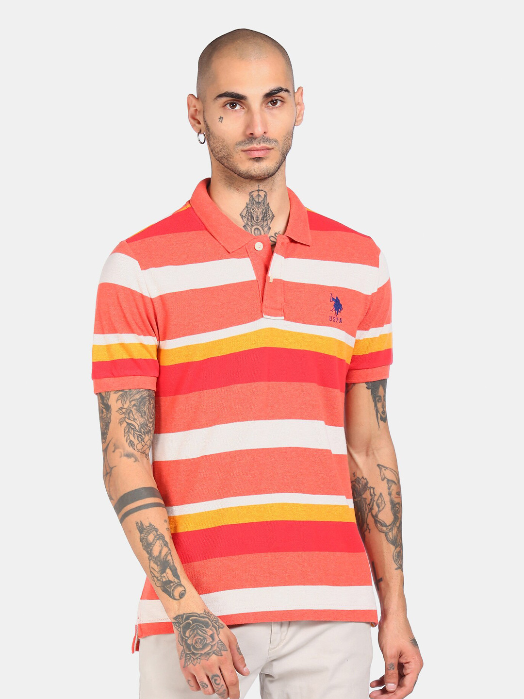 Buy U S Polo Assn. Men Red Striped Polo Collar Pure Cotton T Shirt ...