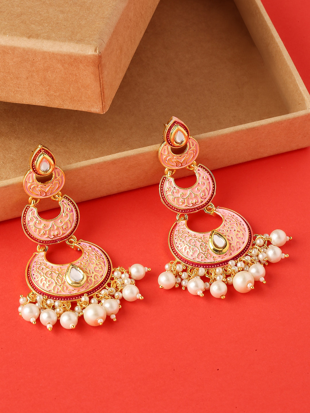 Buy OOMPH Pink & Gold Toned Crescent Shaped Drop Earrings - Earrings ...