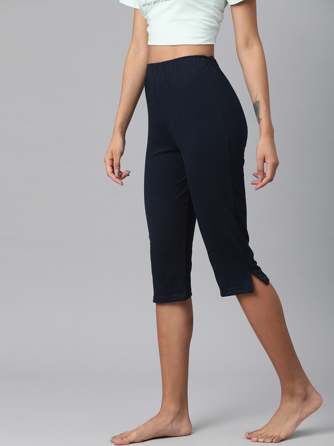 Buy NOT YET By Us Women Navy Blue Cotton Relaxed Fit Lounge Capris With ...