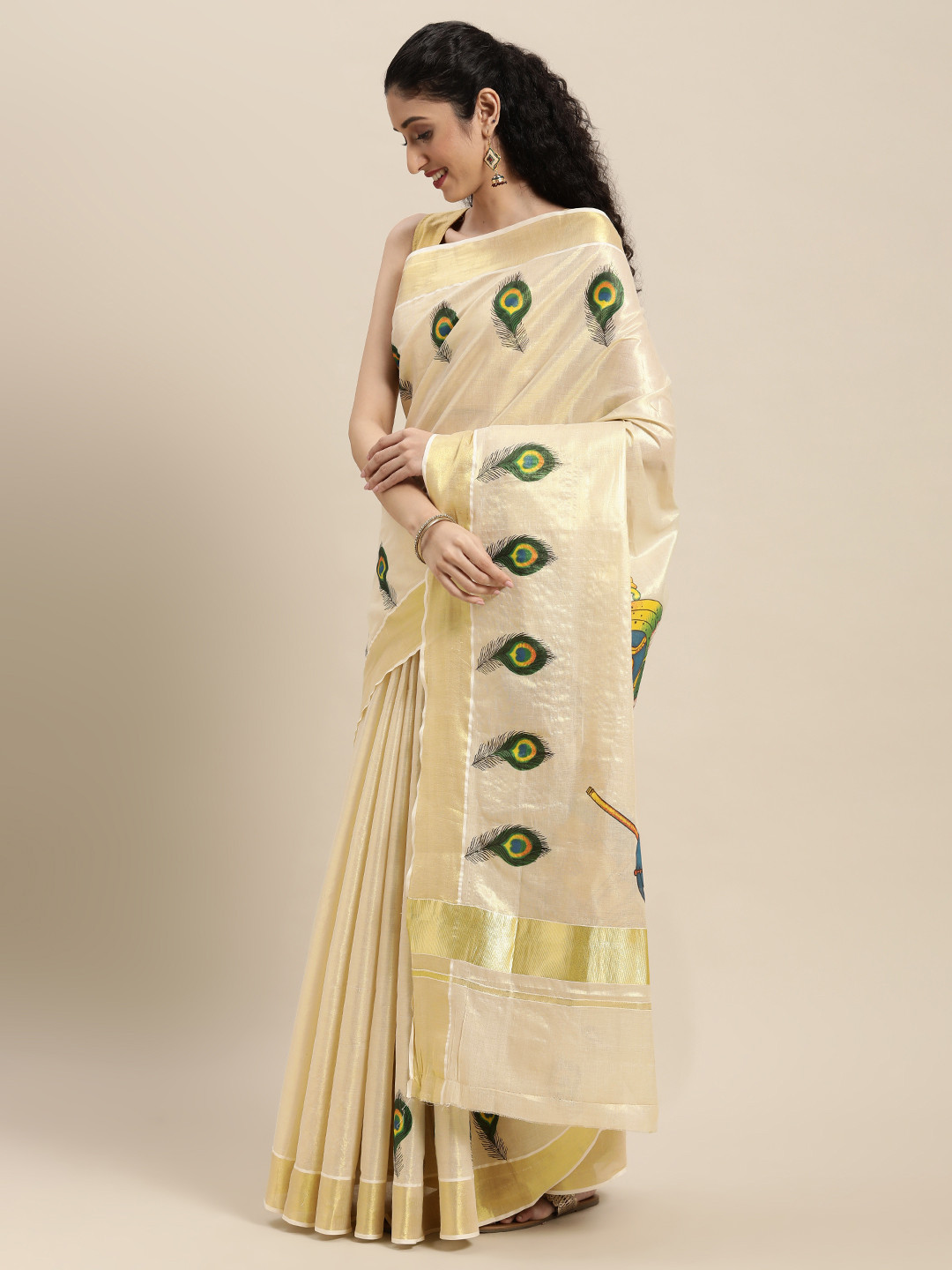 Buy Thara Sarees Off White Ethnic Motifs Pure Cotton Kasavu Saree ...
