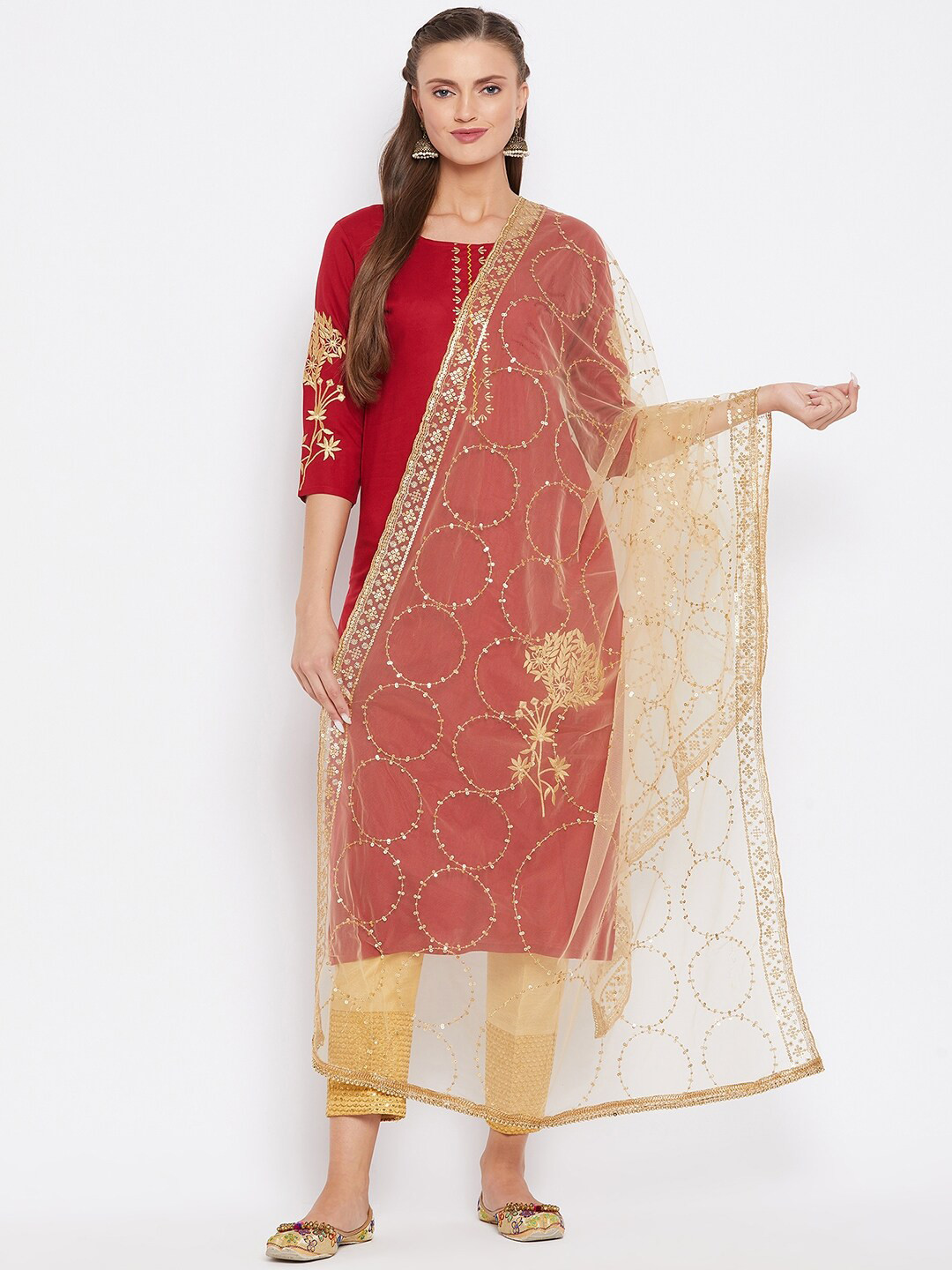 Buy Clora Creation Beige & Gold Toned Embroidered Dupatta With ...