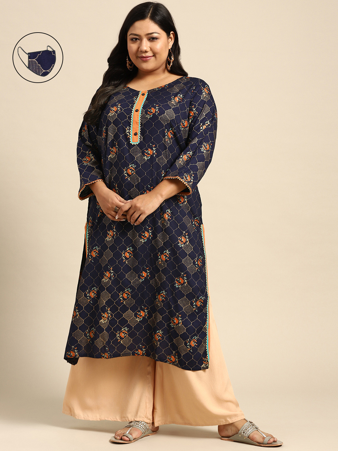 Buy RANGMAYEE Women Navy Blue & Orange Floral Printed Floral Liva Kurta ...