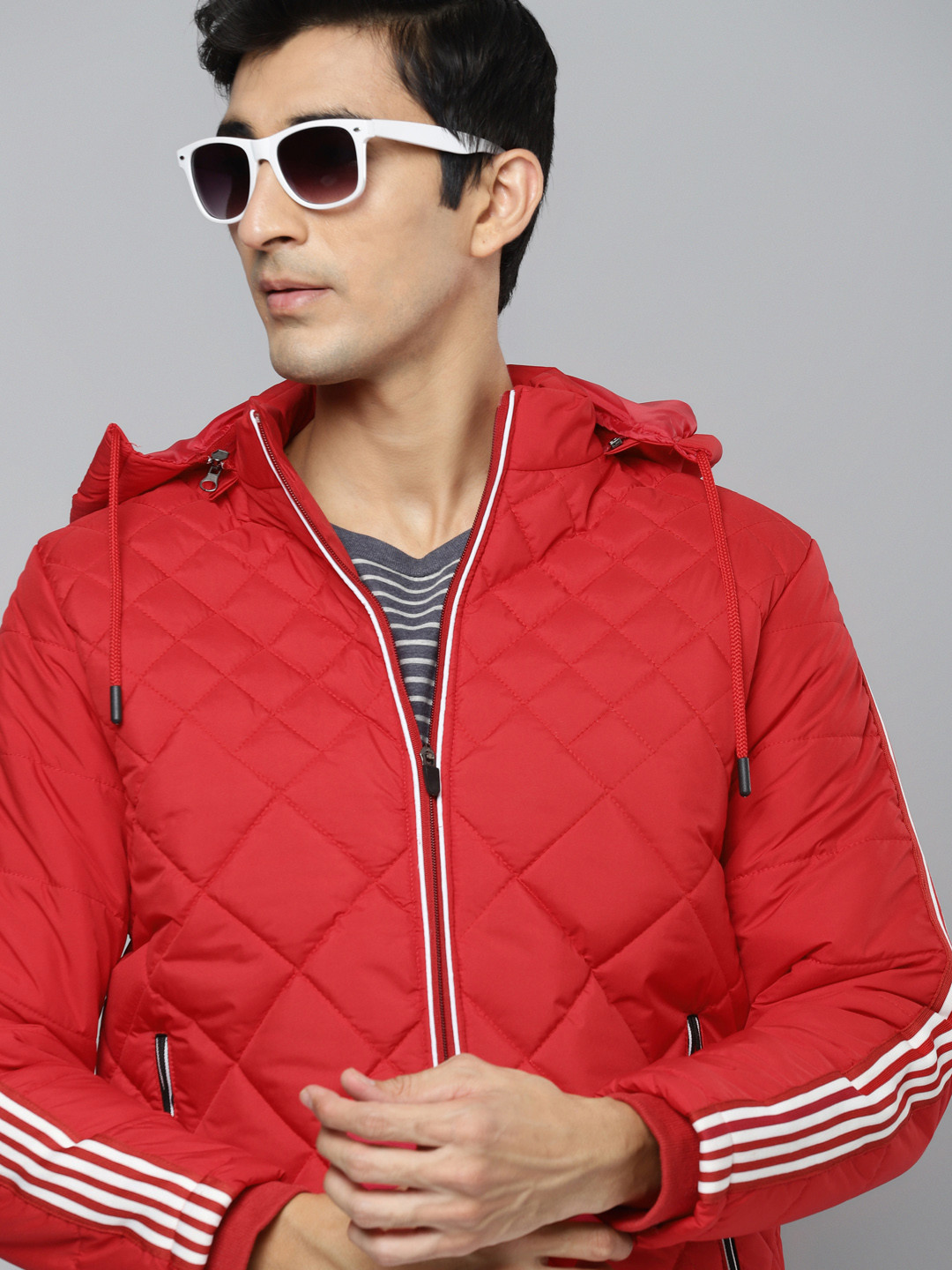 Buy Fort Collins Men Red Solid Quilted Jacket With Detachable Hood ...