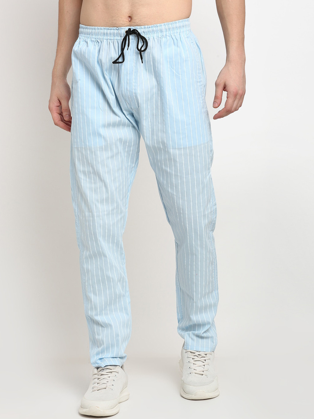 Buy JAINISH Men Turquoise Blue & White Cotton Slim Fit Striped Track ...