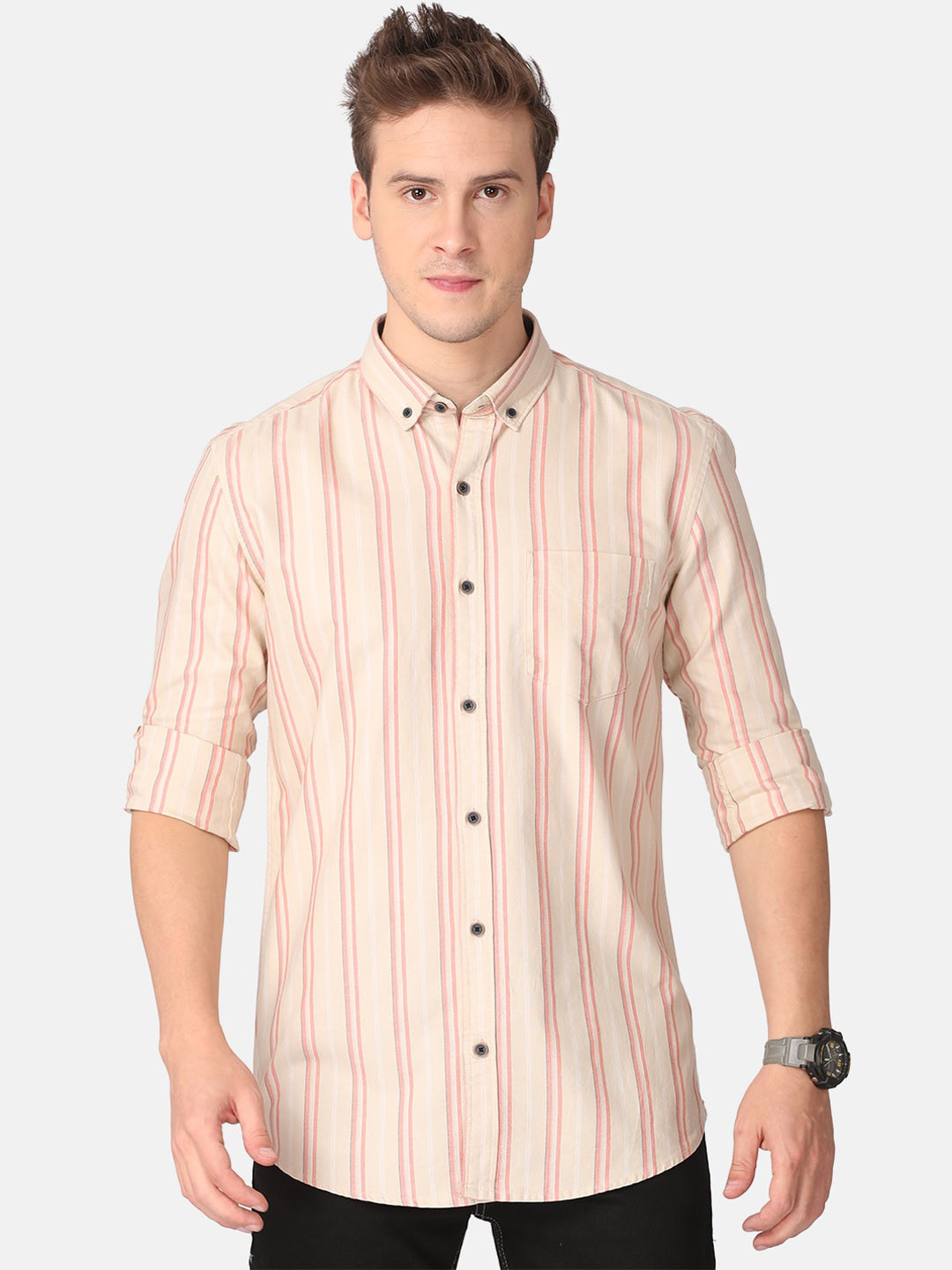 Buy FOGA Men Cream Coloured Slim Fit Pure Cotton Water Proof Striped ...