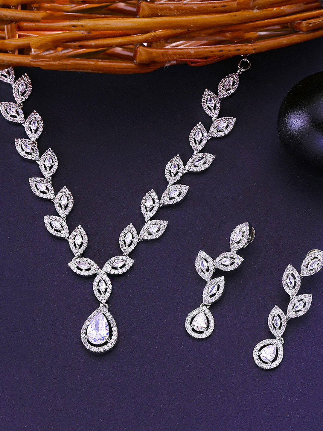 Buy Yellow Chimes Rhodium Plated American Diamond Studded Jewellery Set ...