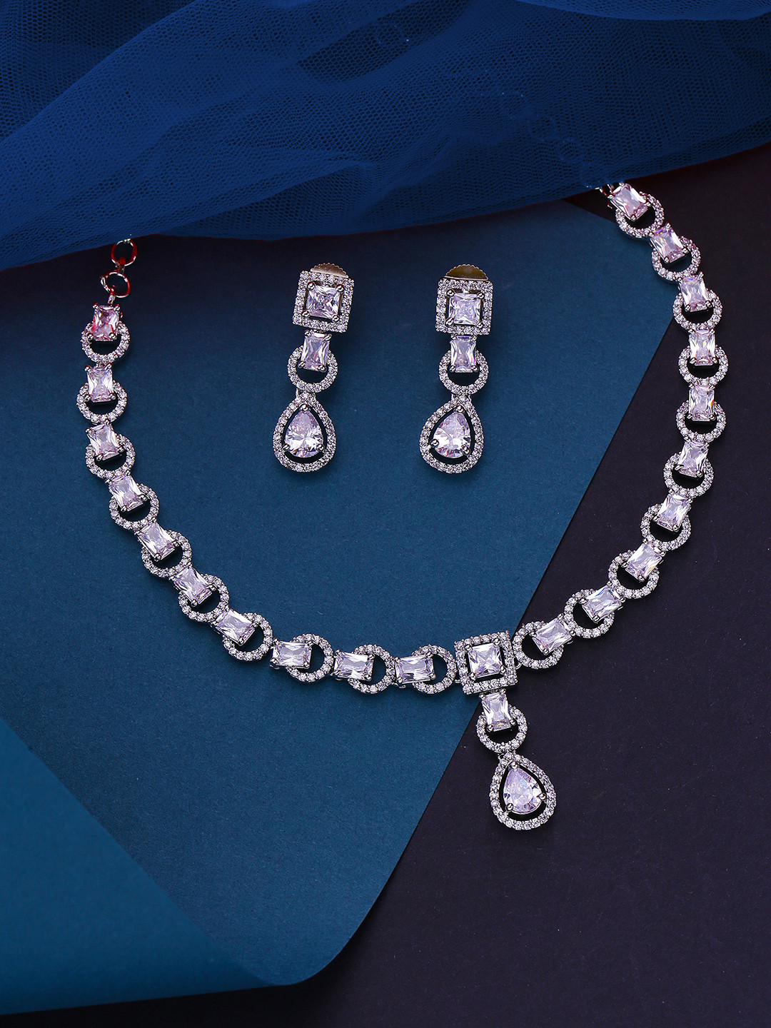 Buy Yellow Chimes Rhodium Plated American Diamond Studded Jewellery Set ...