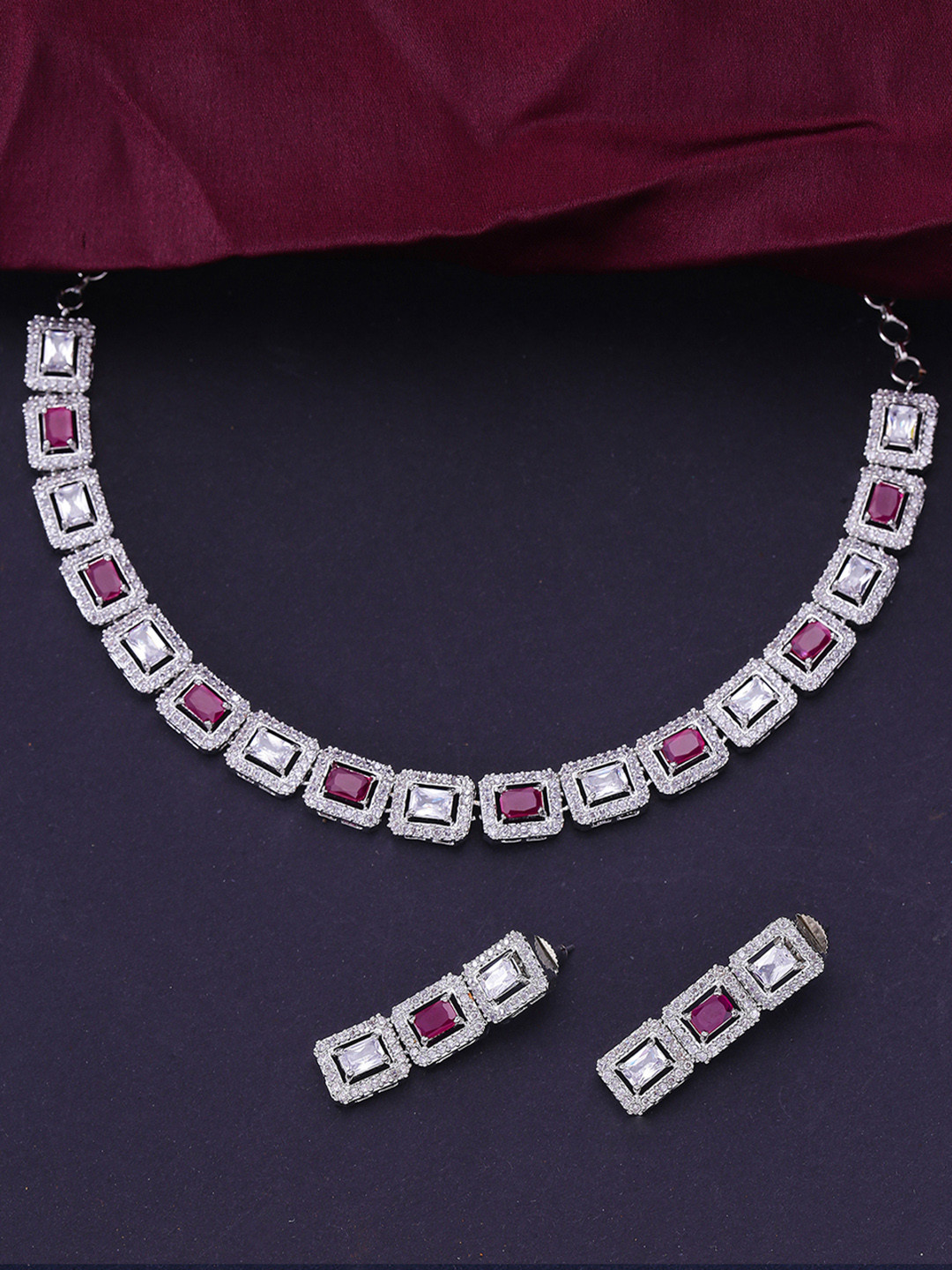 Buy Yellow Chimes Rhodium Plated American Diamond Studded Jewellery Set ...