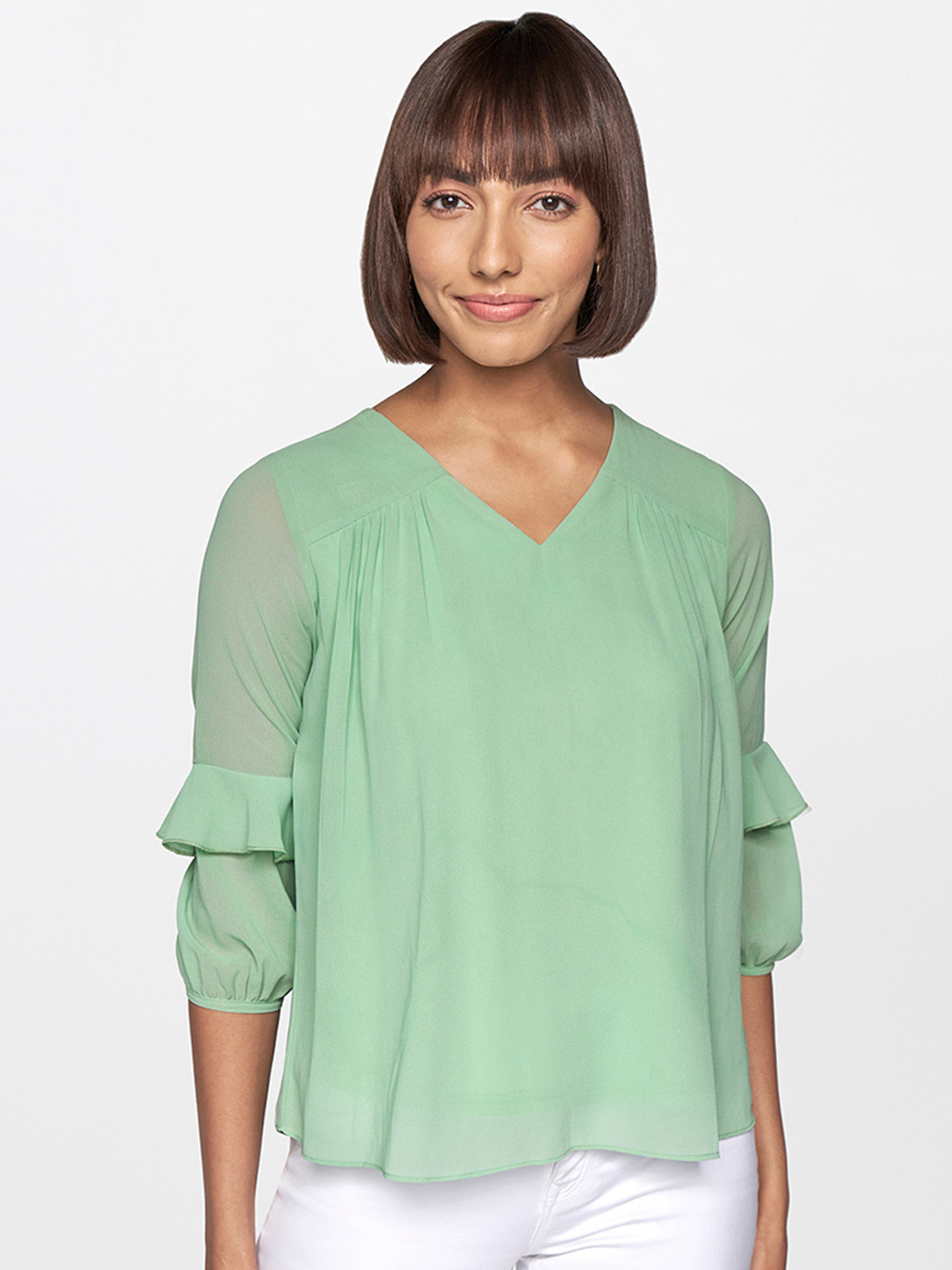 Buy AND Women Sage Green Solid Flared Sleeved Regular Top - Tops for ...