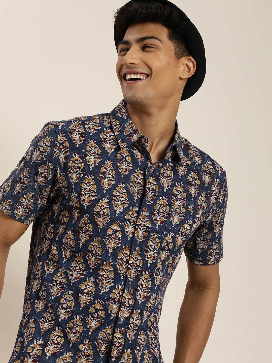 Buy Taavi Men Navy Blue Kalamkari Block Printed Shirt With Chest Pocket ...