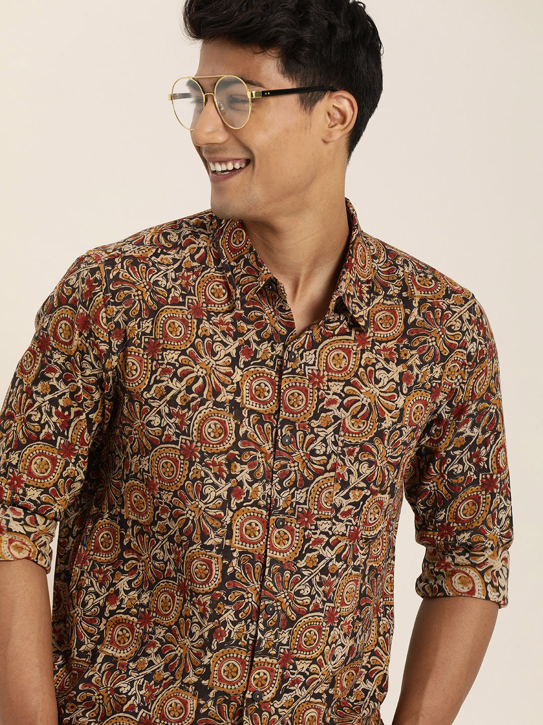 Buy Taavi Men Brown & Mustard Yellow Kalamkari Block Printed Pure ...