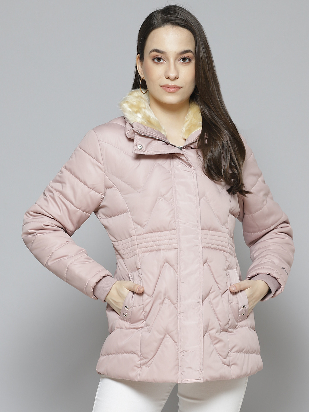 Buy Fort Collins Women Dusty Pink Solid Longline Padded Jacket With ...
