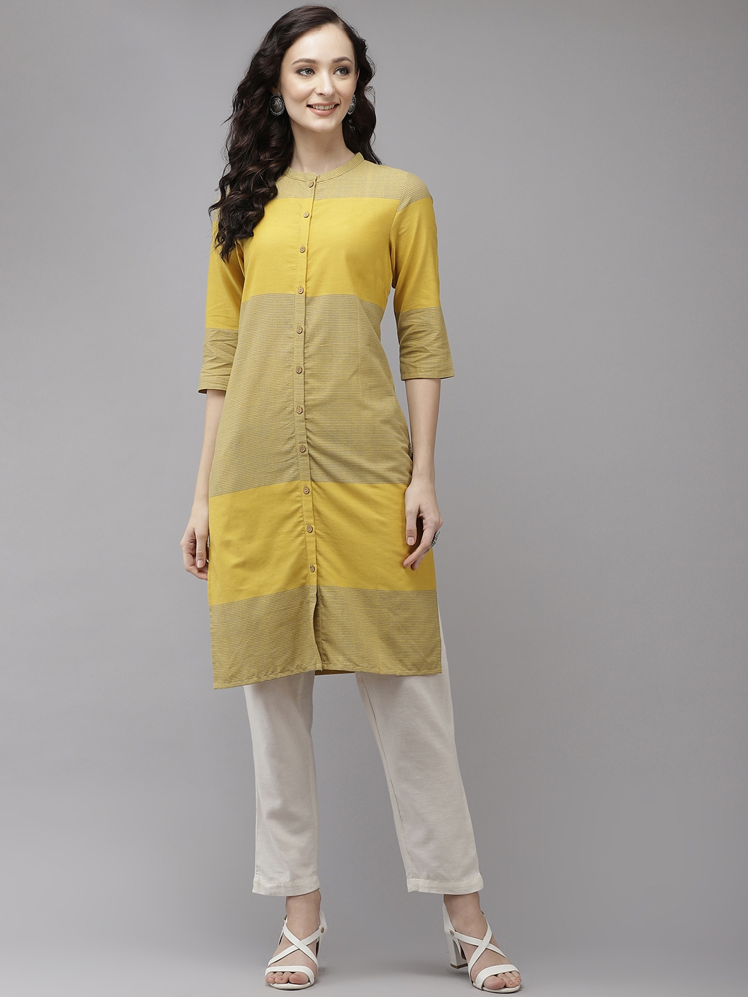 Buy W Women Mustard Yellow And Blue Printed Straight Kurta Kurtas For