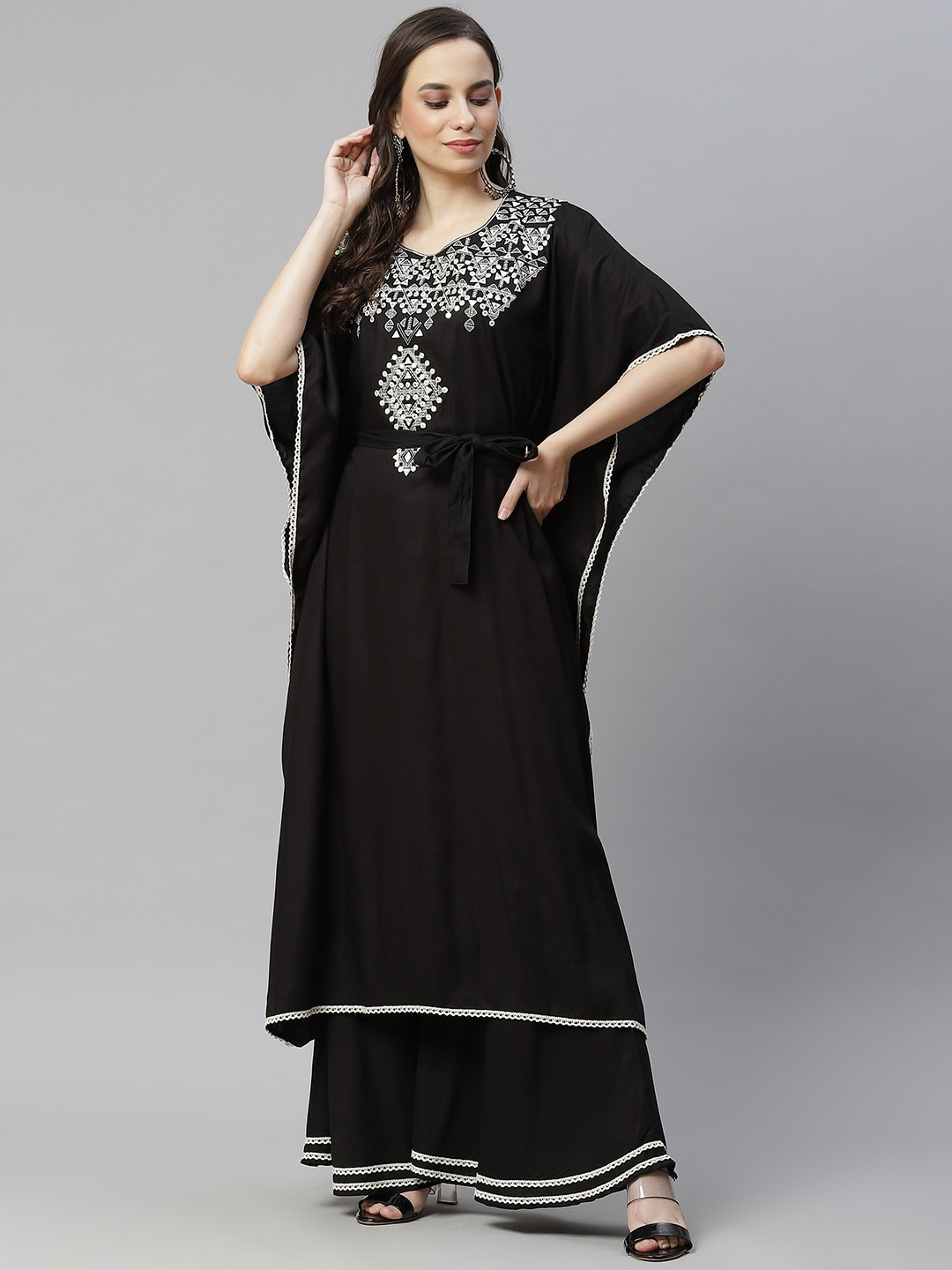 Buy Hatheli Women Black Embroidered Kaftan Kurta With Palazzos - Kurta ...