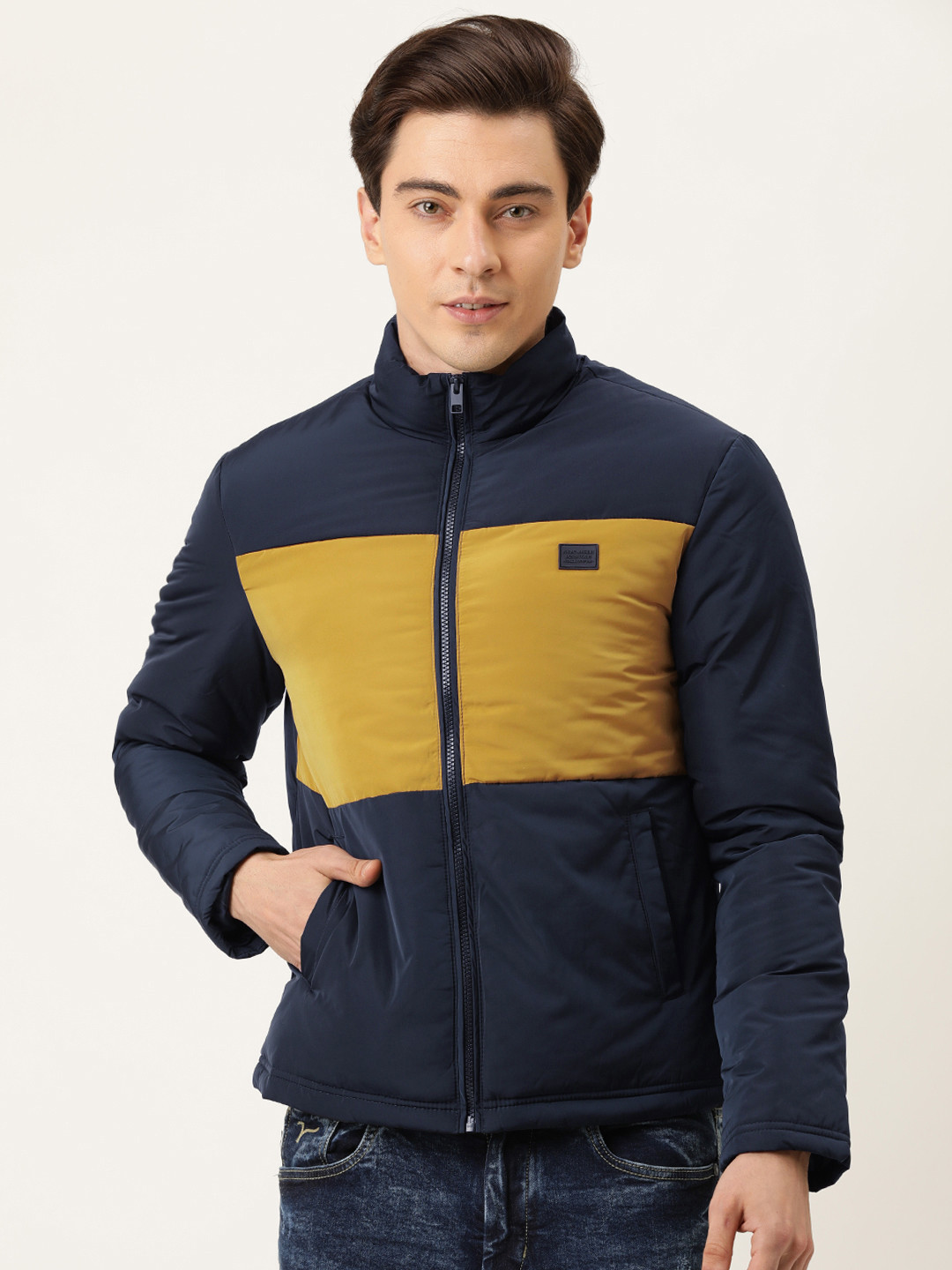 Buy Flying Machine Men Navy Blue & Mustard Yellow Colourblocked ...